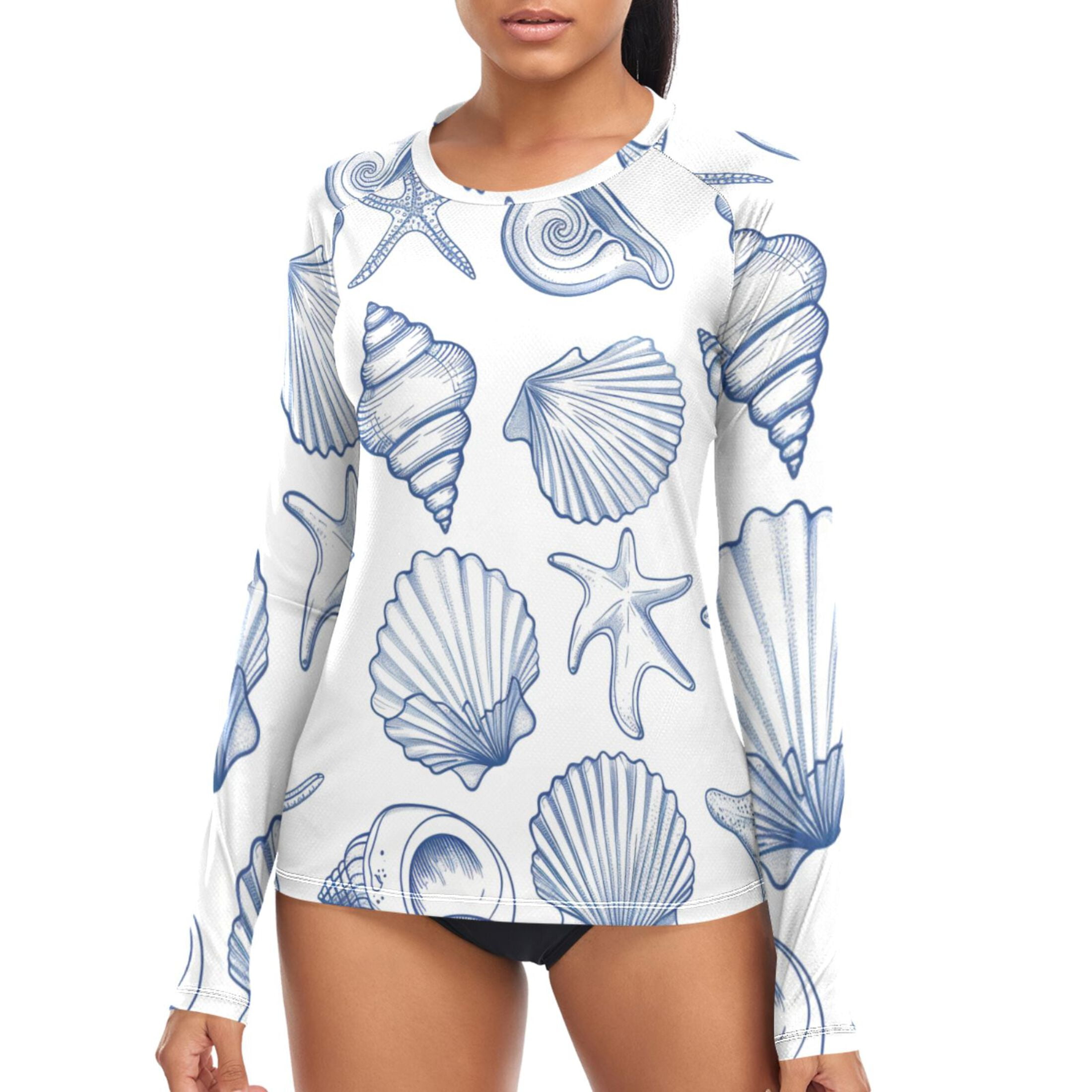 joogoo Womens UPF 50+ Rash Guard Sea Shells and Conch Long Sleeve UV ...