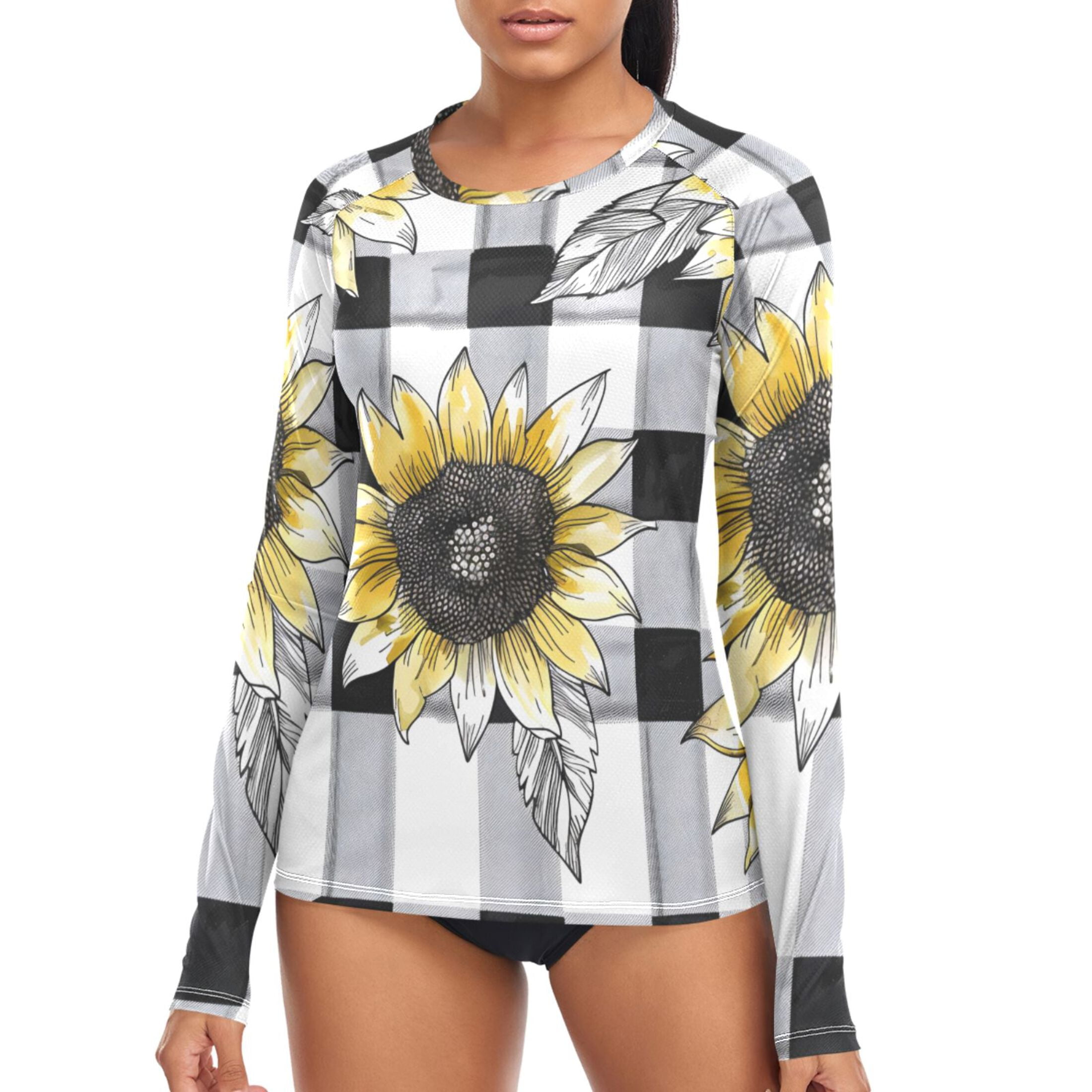 joogoo Womens UPF 50+ Rash Guard Sunflowers on Checkered Grid Long ...