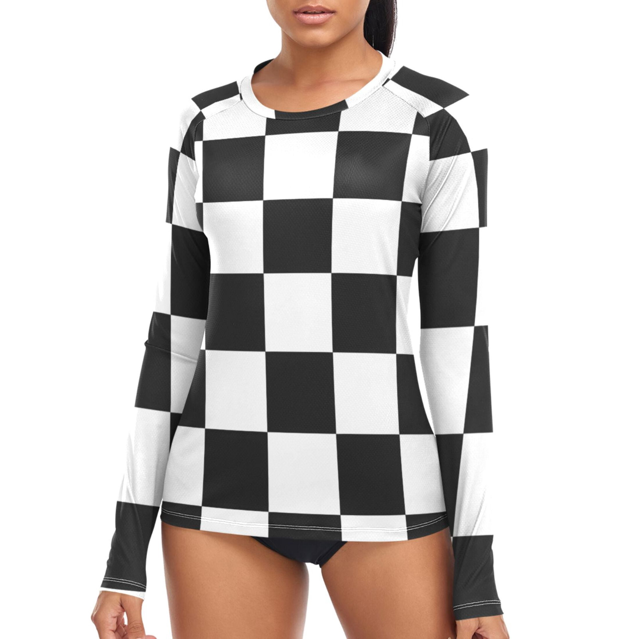 joogoo Womens UPF 50+ Sun Shirts White and Black Checkered Grid Art ...