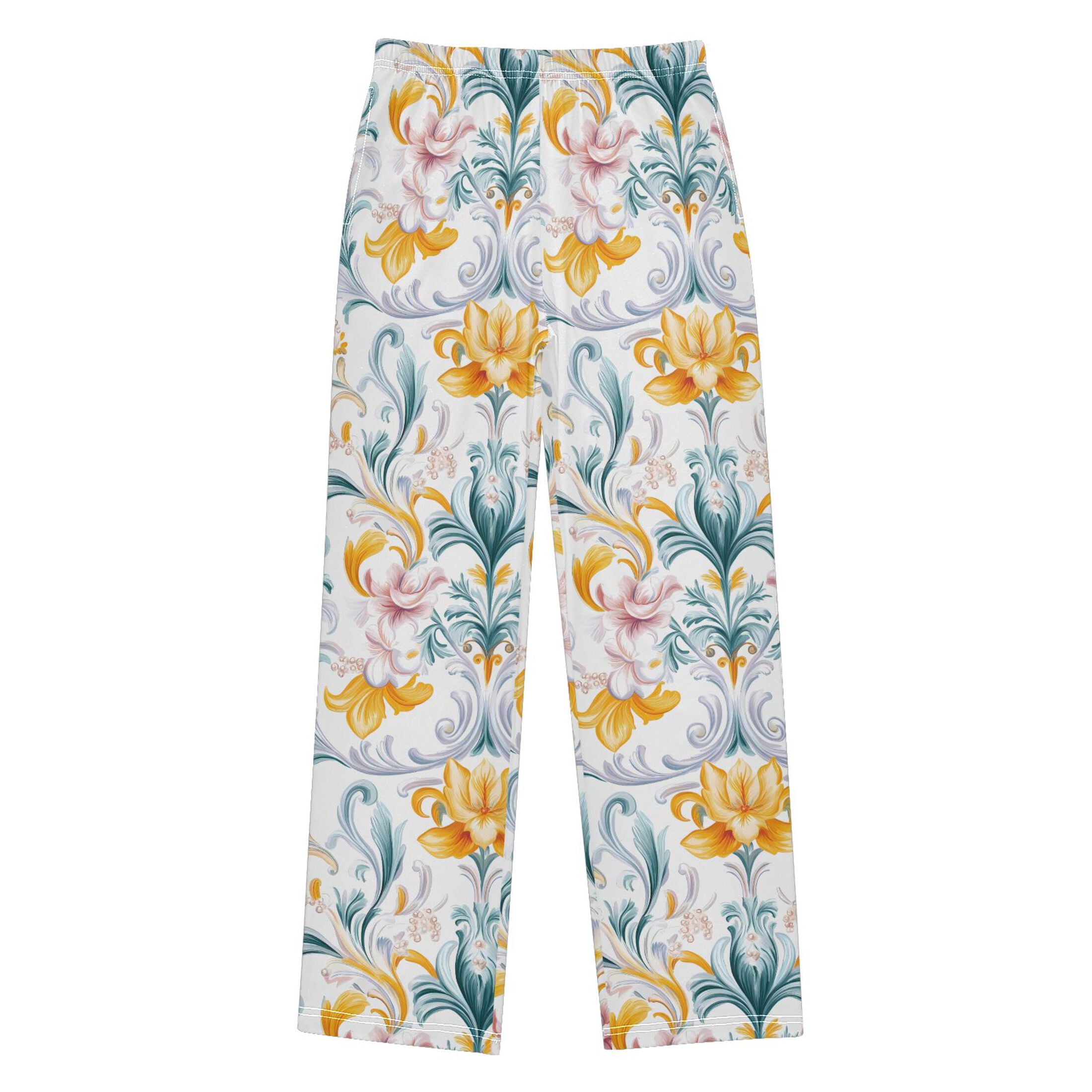 joogoo Yellow Vintage Flower Pajama Pants Pj Bottoms Sleepwear Lounge S ...