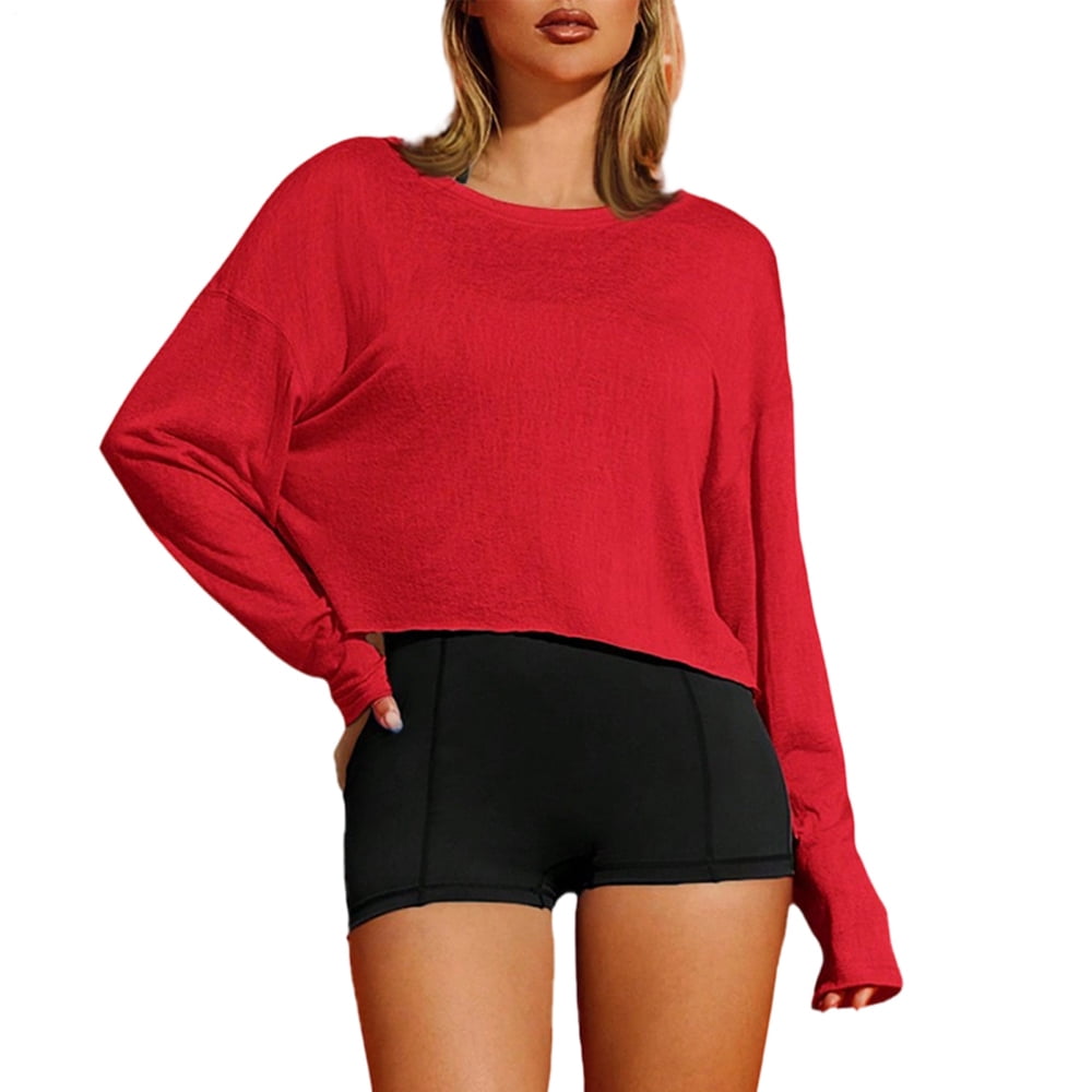 jowamay Long Sleeve Crop Workout Top Open Back Backless Long Sleeve ...