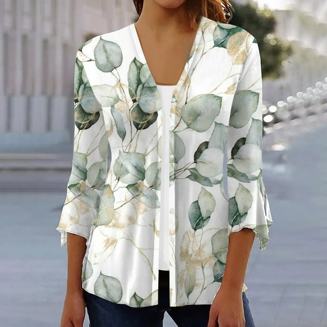 jsaierl 3/4 Sleeve Cardigan for Women Lightweight Buttons Floral Print ...