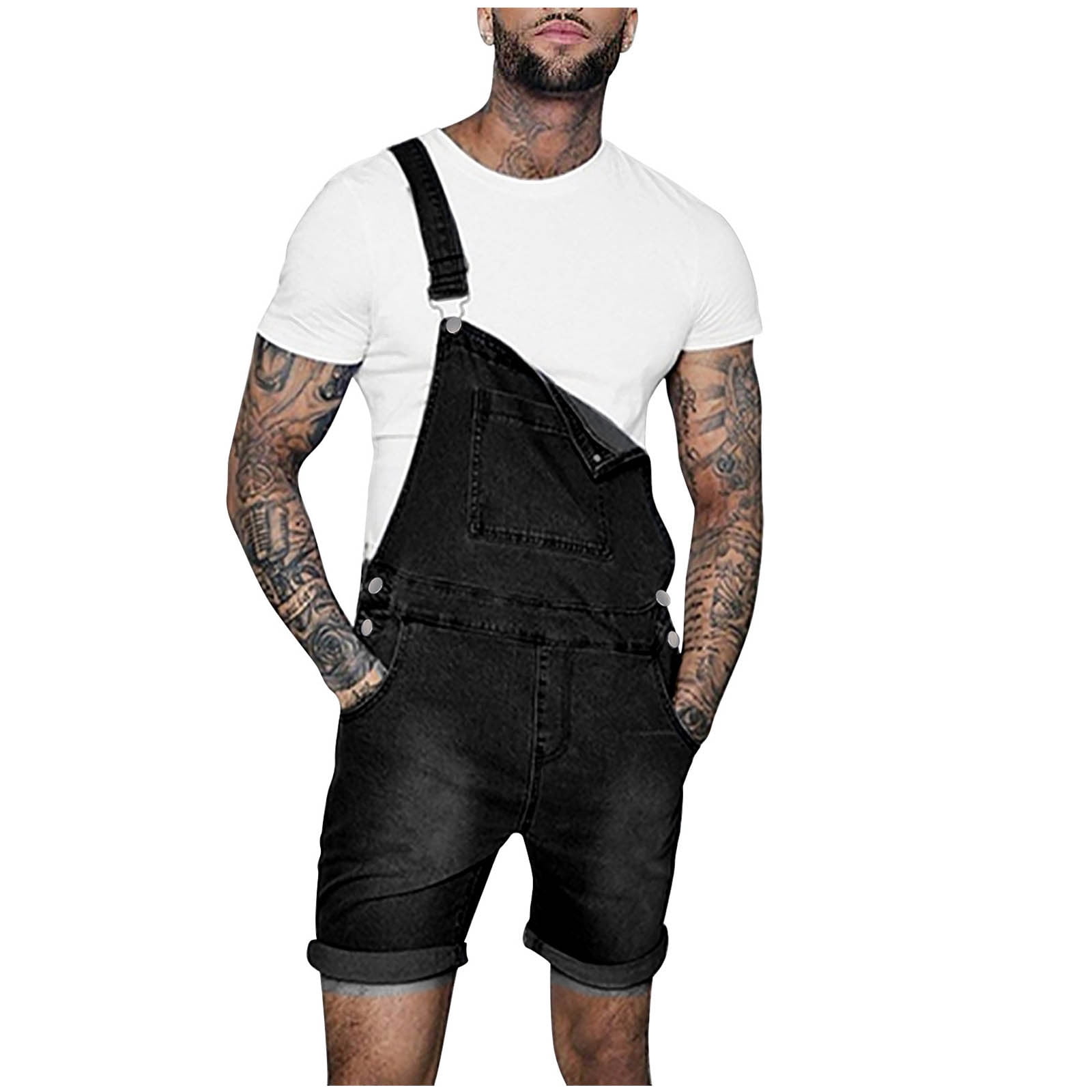 jsaierl Bib Overall Shorts for Men Casual Fashion Solid Breast Pocket ...