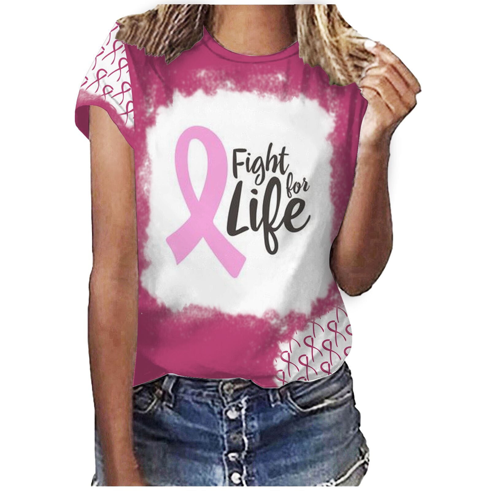 jsaierl Breast Cancer Awareness T-shirt for Women Pink Ribbon Short Sleeve Tee Tops Round Neck ...