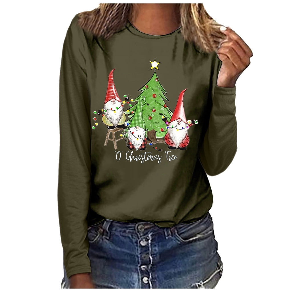 Jsaierl Christmas Blouses Women Long Sleeve Christmas Gnomes Top Casual Crewneck Sweatshirt Plus