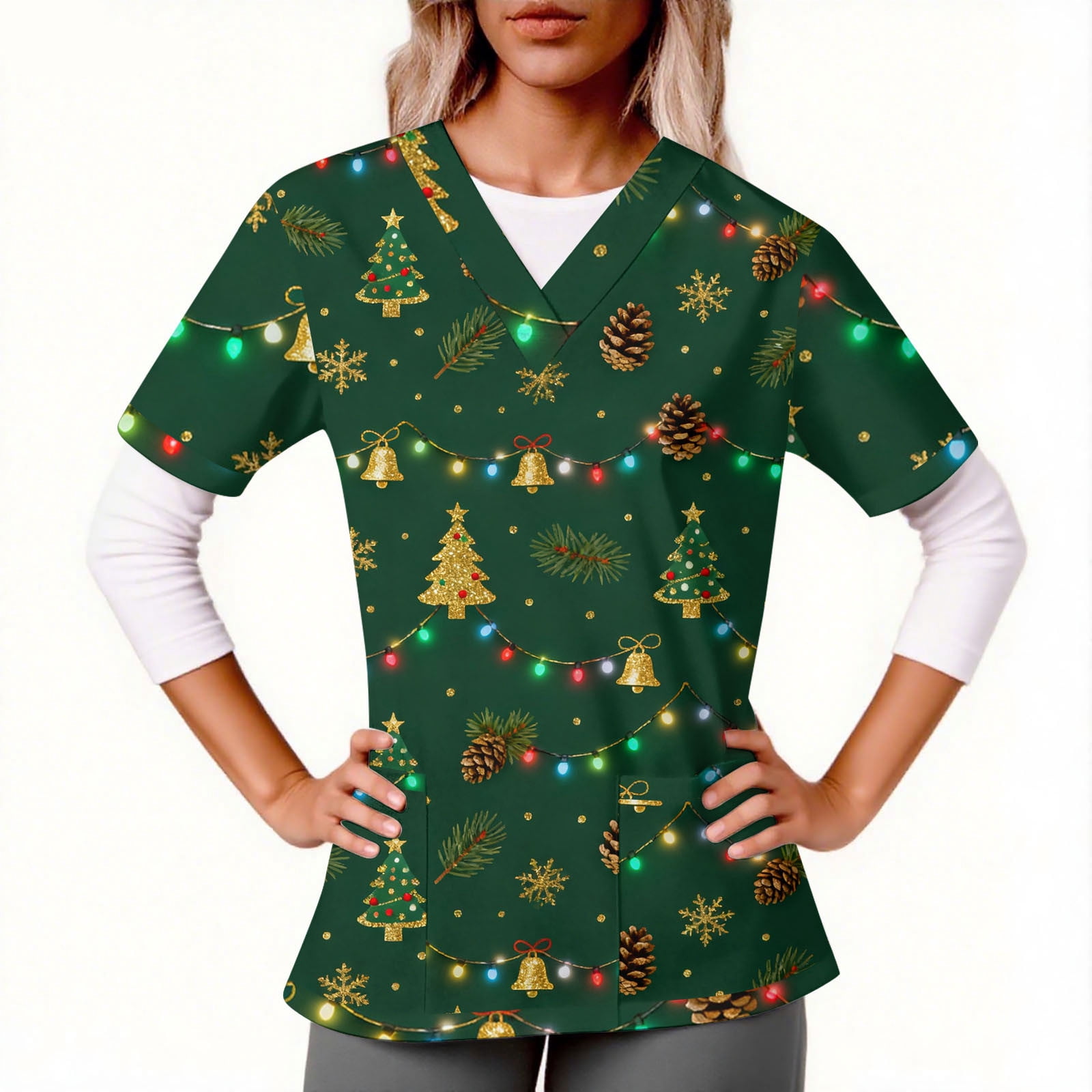 Jsaierl Christmas Scrub Tops for Women Short Sleeve Christmas Pattern ...
