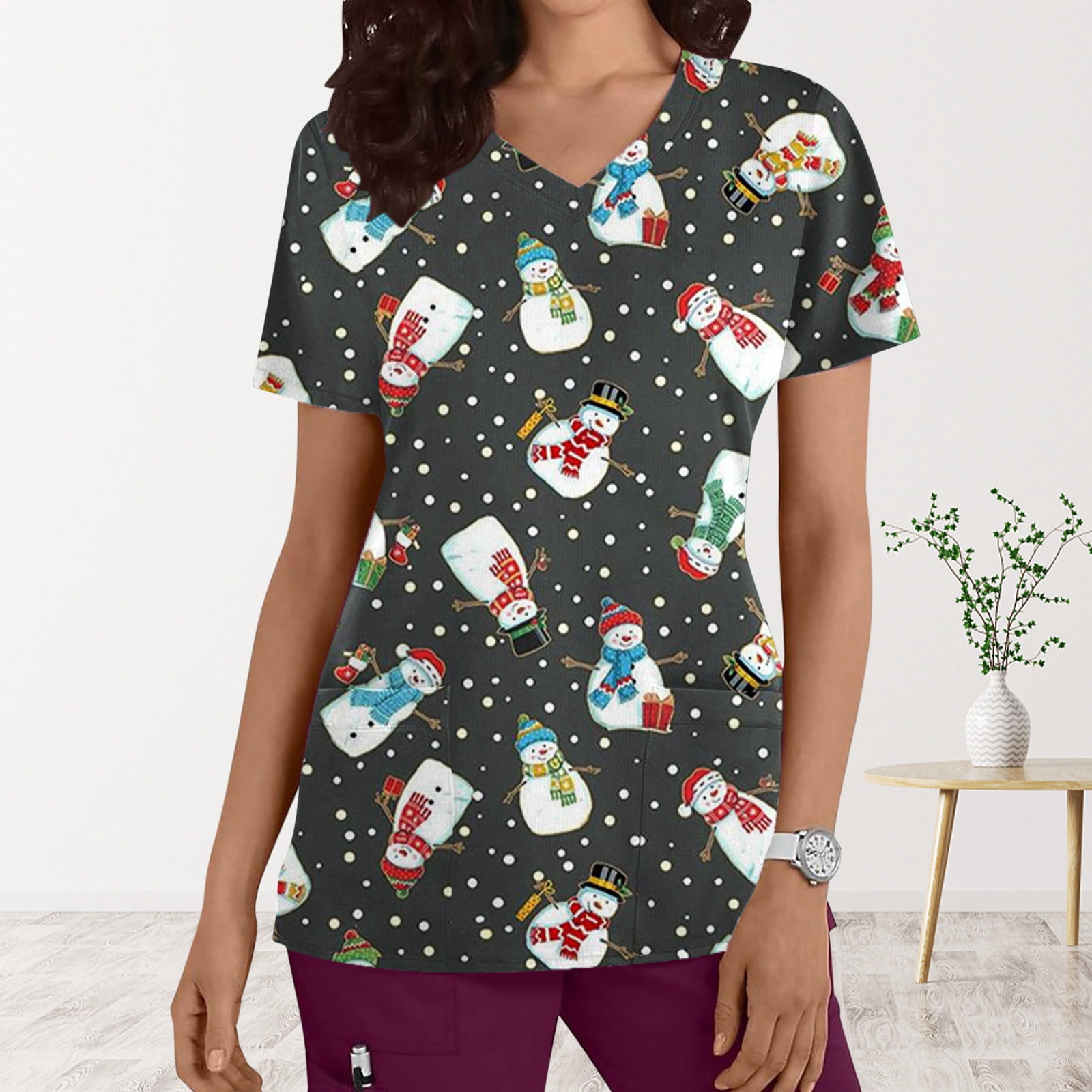 jsaierl Christmas Scrub Tops for Women Short Sleeve Christmas Pattern ...