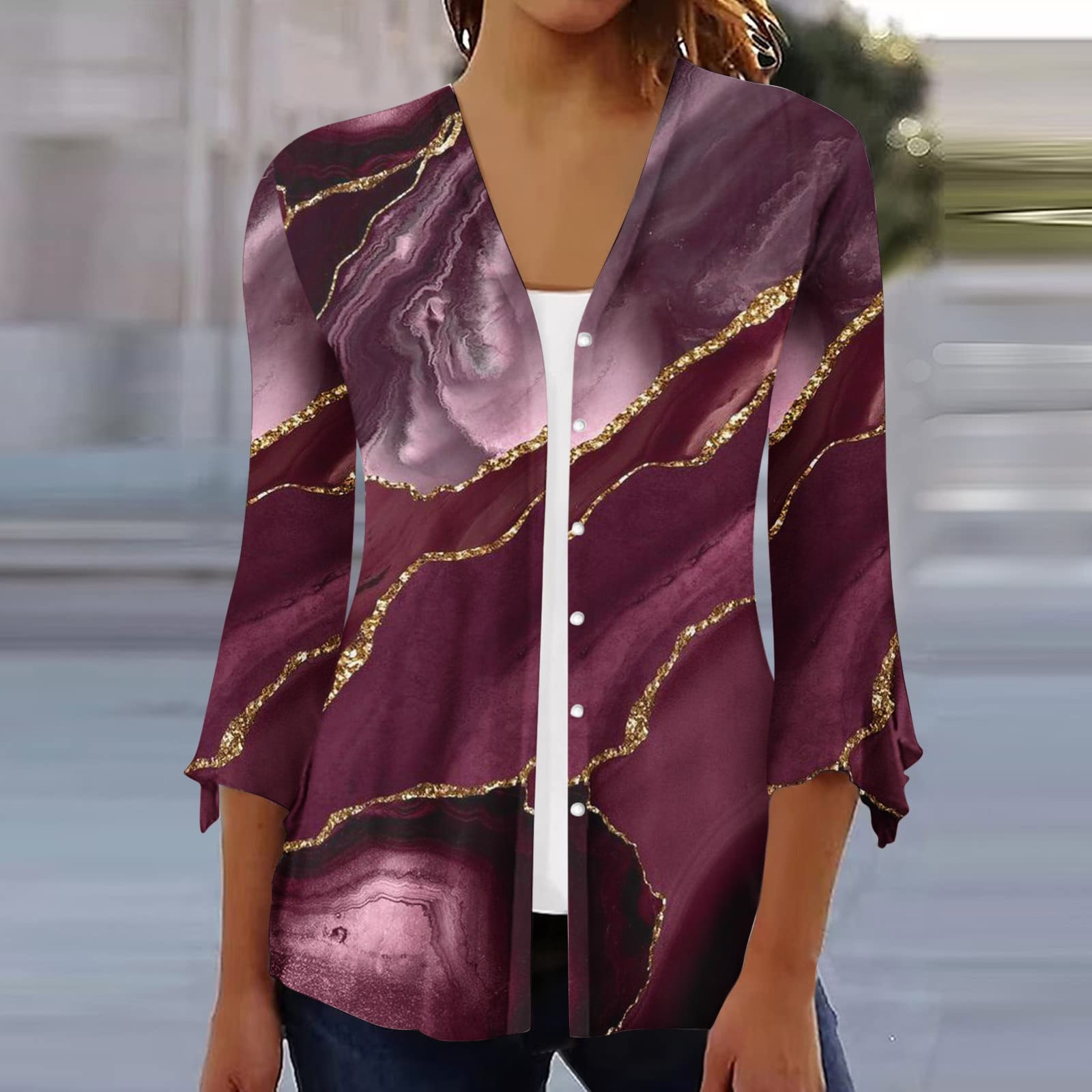 jsaierl Fall Cardigans for Women 2024 Oversized Marble Print Open Front ...