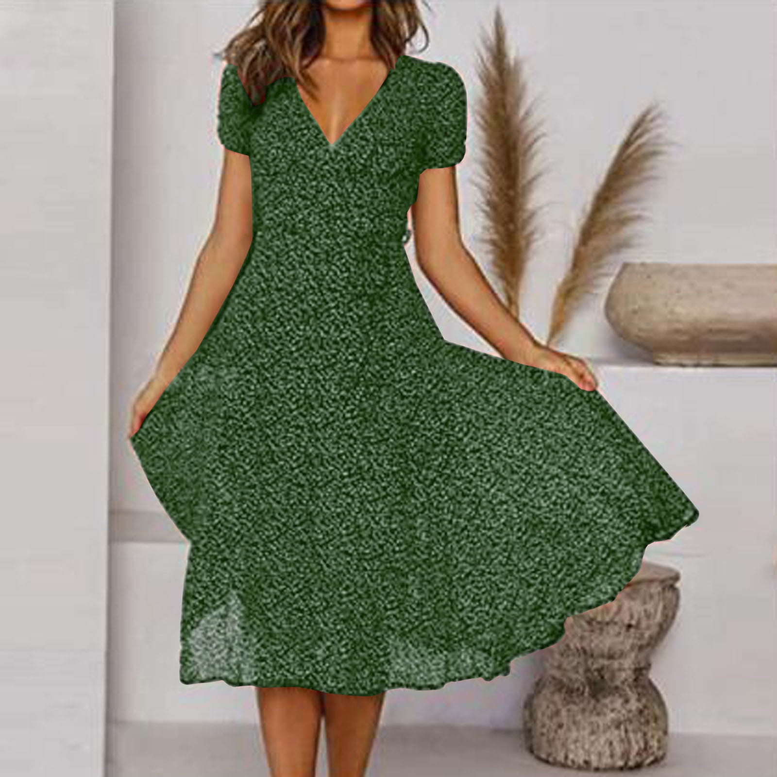 jsaierl Fall Dresses for Women 2025 Short Sleeve V Neck Dress Elegant ...