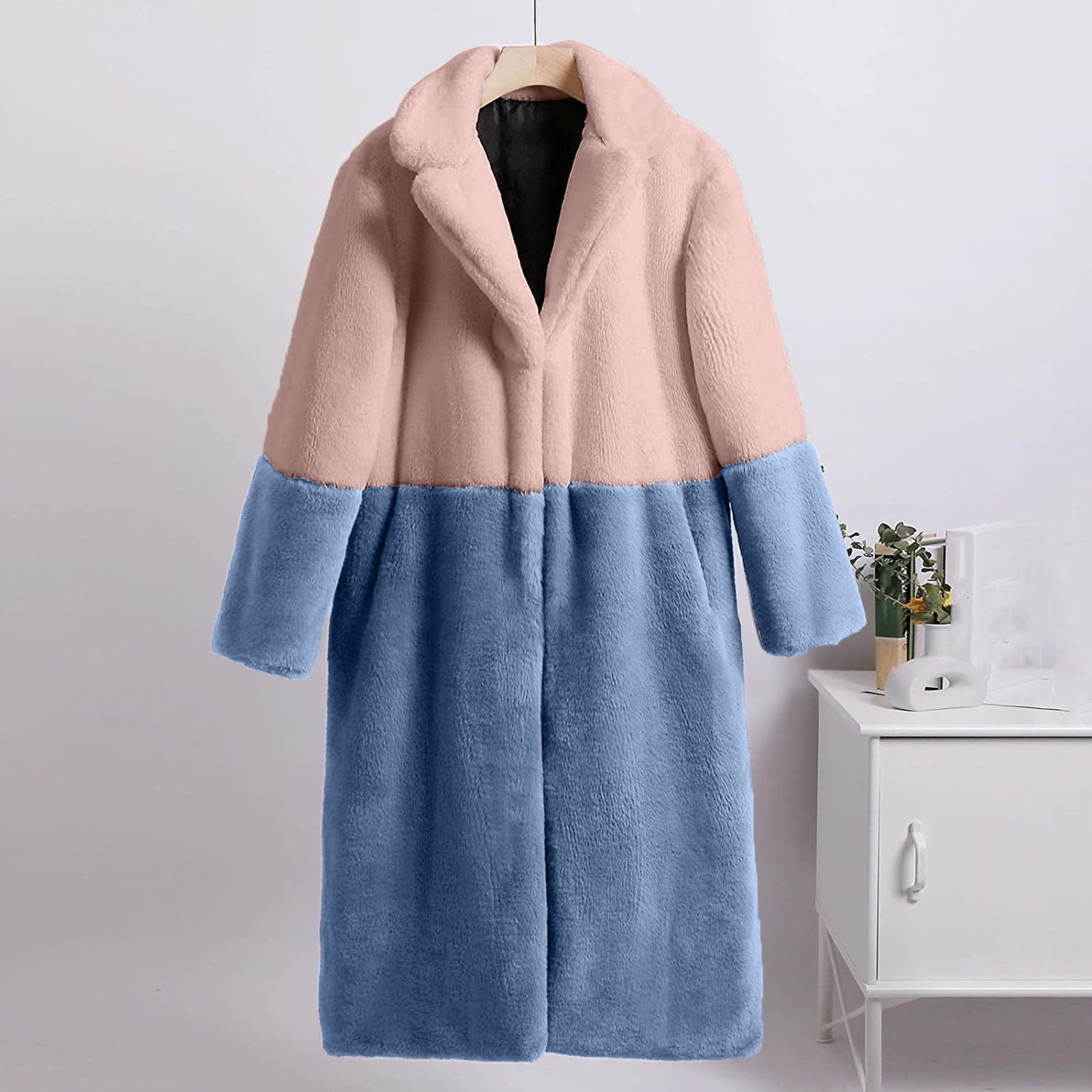 jsaierl Faux Fur Long Coat Womens Color Block Overcoat Winter Warm Long ...