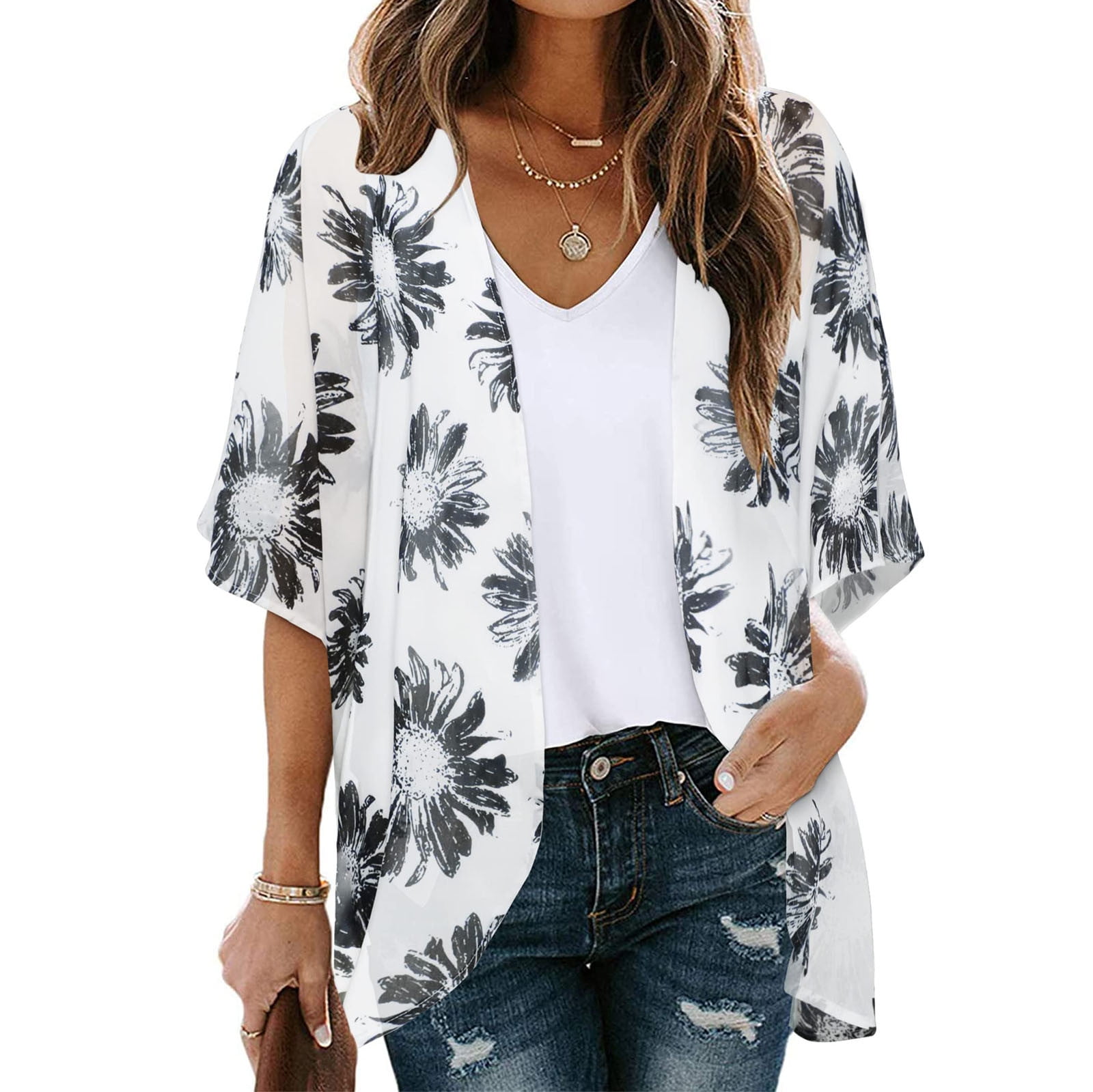 jsaierl Kimono Cardigans for Women Summer Floral Print Puff Sleeve ...