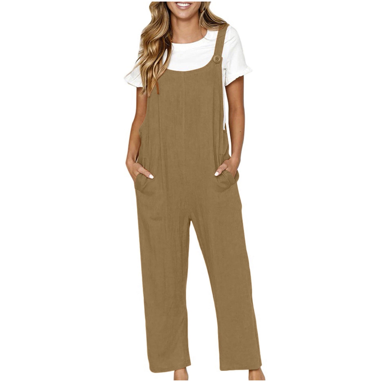 jsaierl Linen Bib Overalls for Women Plus Size Solid Casual Jumpsuit Loose Fit Comfy Trousers ...