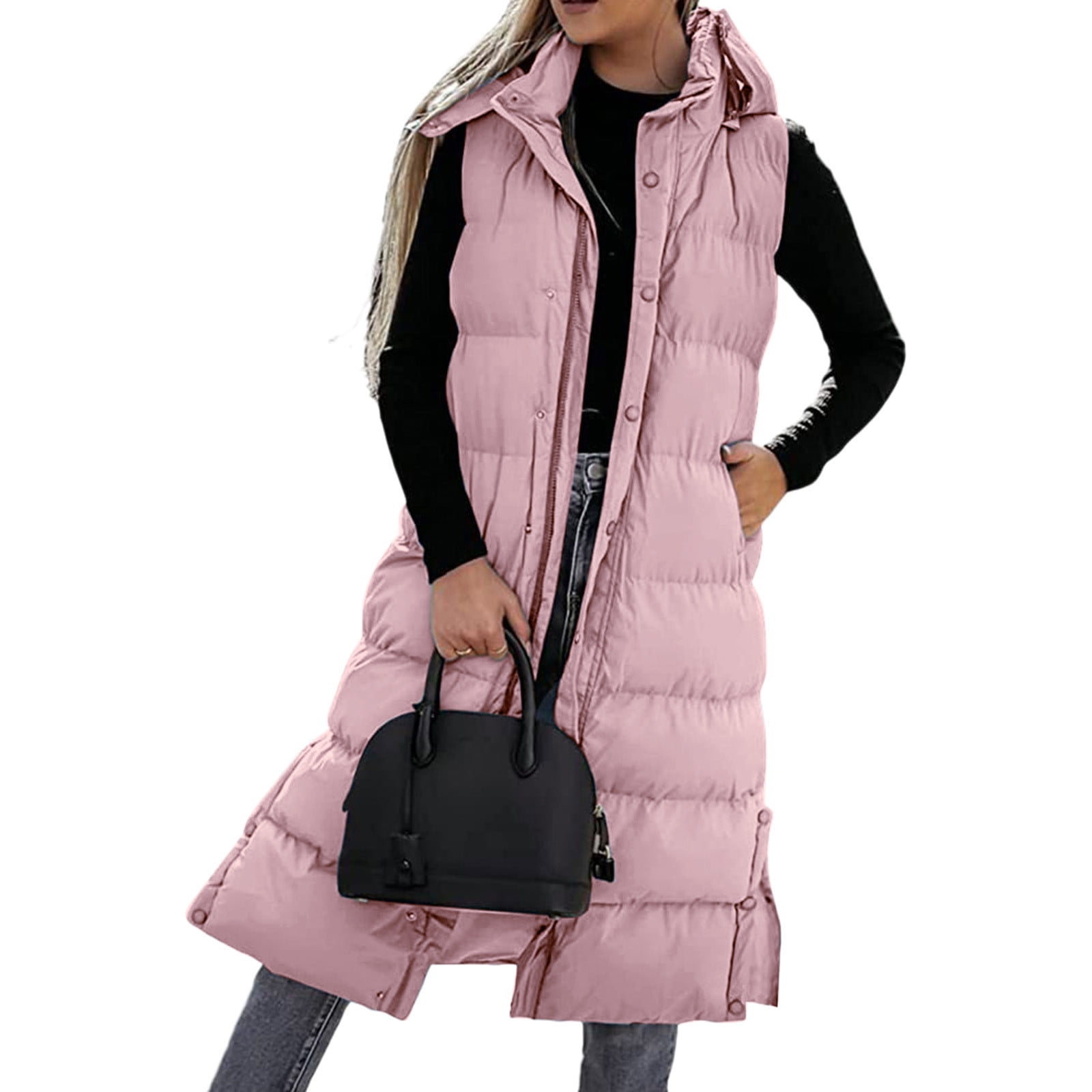 jsaierl Long Puffer Vest Women Button Down Sleeveless Hooded Jacket ...