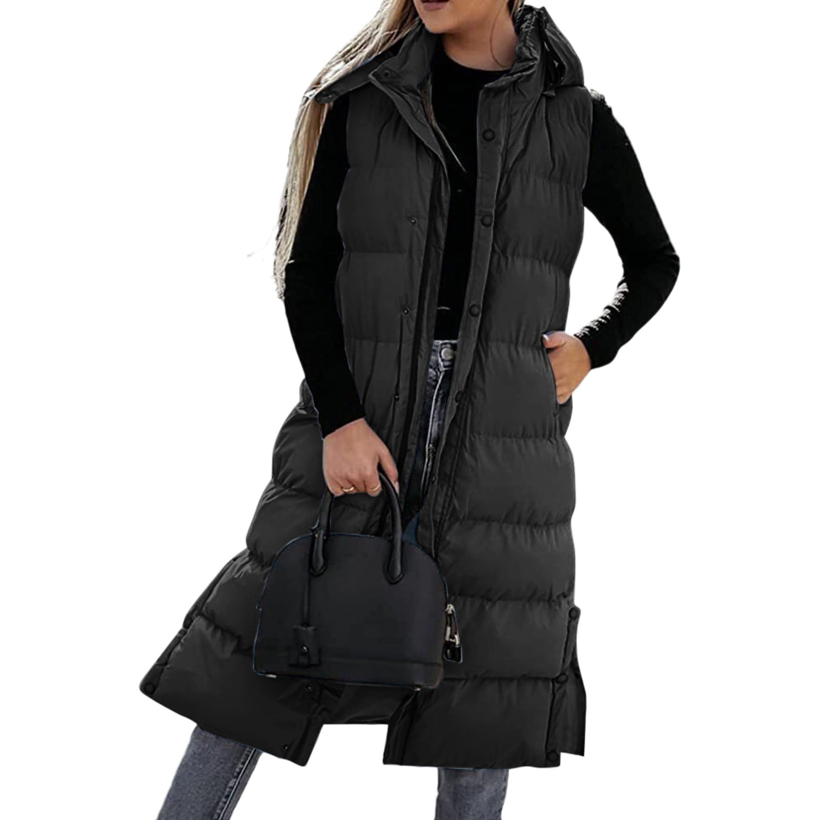 jsaierl Long Puffer Vest Women Button Down Sleeveless Hooded Jacket ...