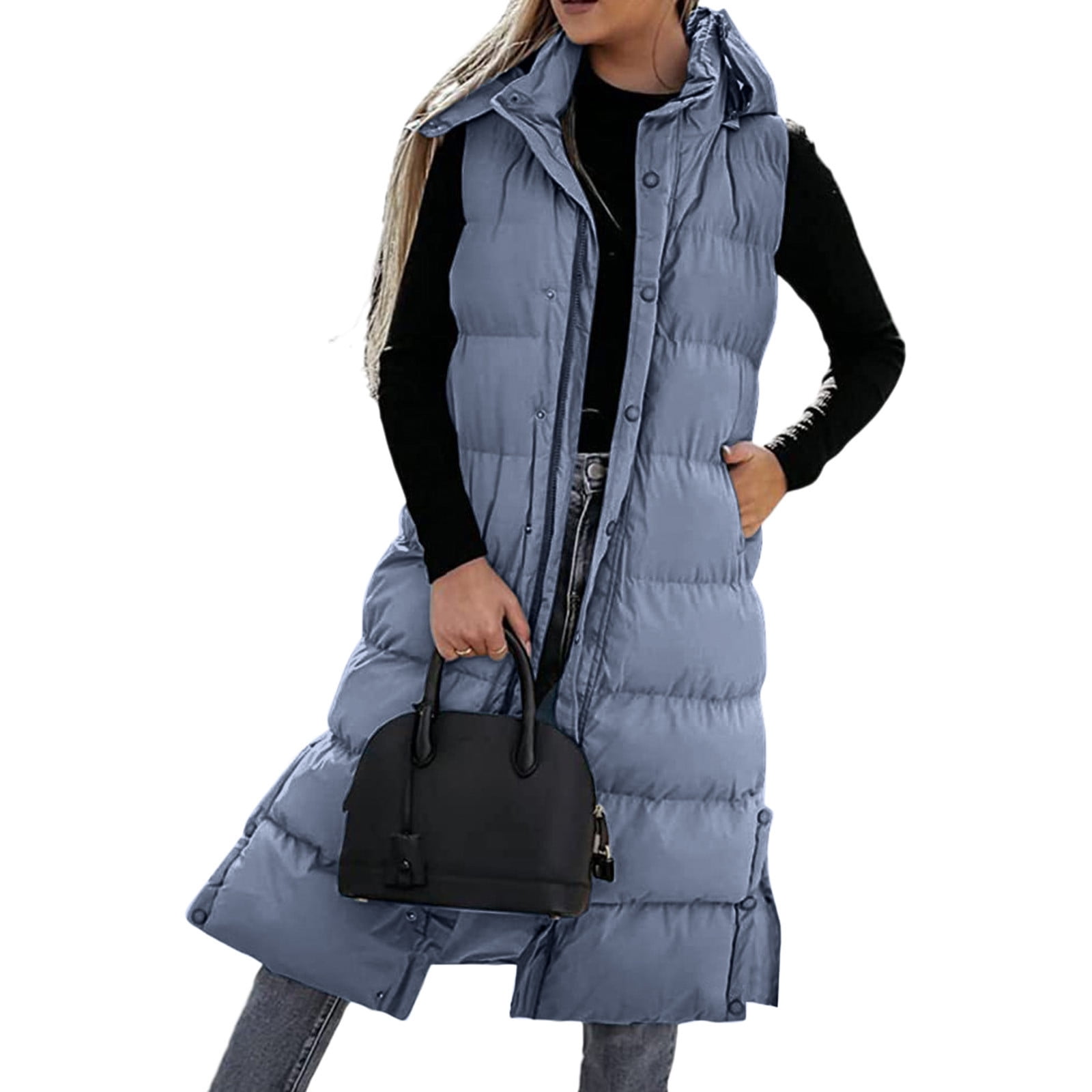jsaierl Long Puffer Vest Women Button Down Sleeveless Hooded Jacket ...