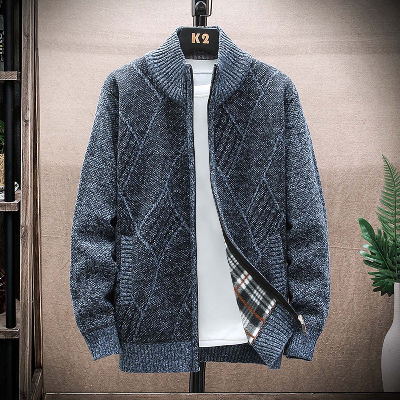 jsaierl Mens Cardigan Sweater Knit Mock Neck Zip Up Woolen Top Plaid ...