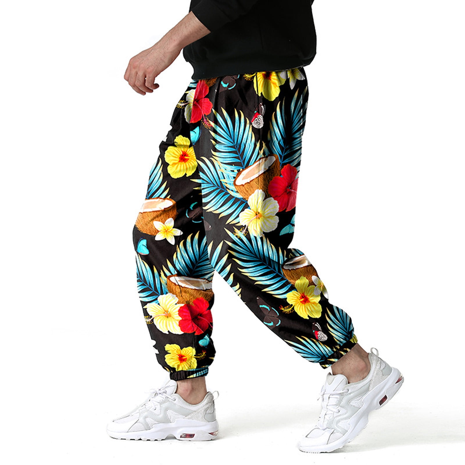 jsaierl Mens Pants Floral Print Hawaiian Drawstring Sweatpant Tropical ...