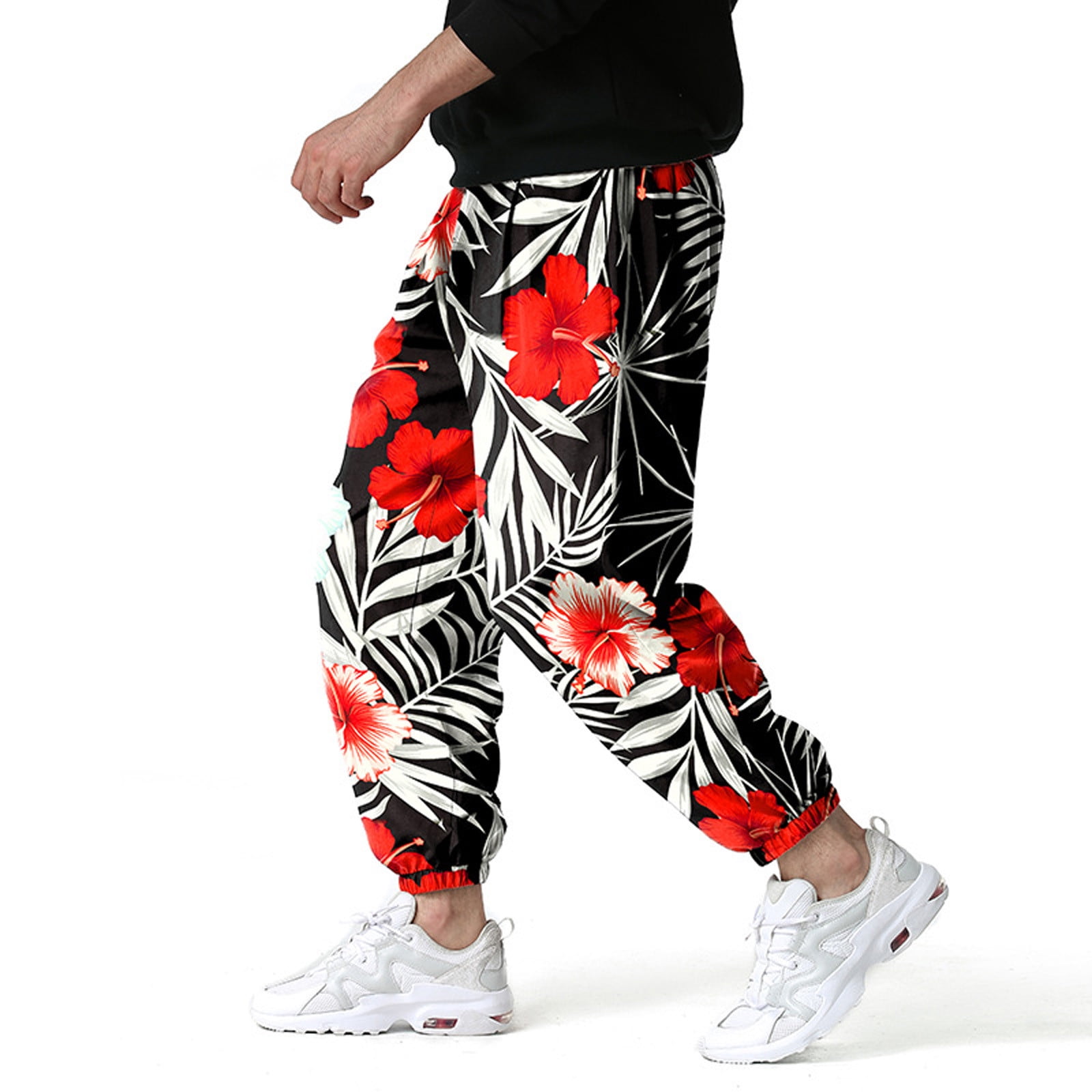 jsaierl Mens Pants Floral Print Hawaiian Drawstring Sweatpant Tropical ...