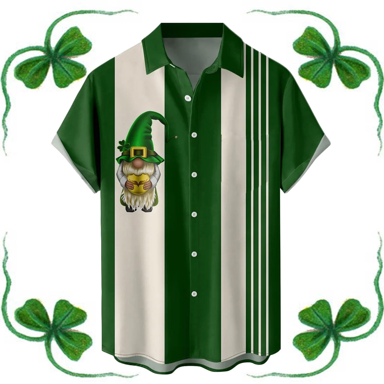 Jsaierl Mens St Patricks Day Hawaiian Shirts Green Four Leaf Clover