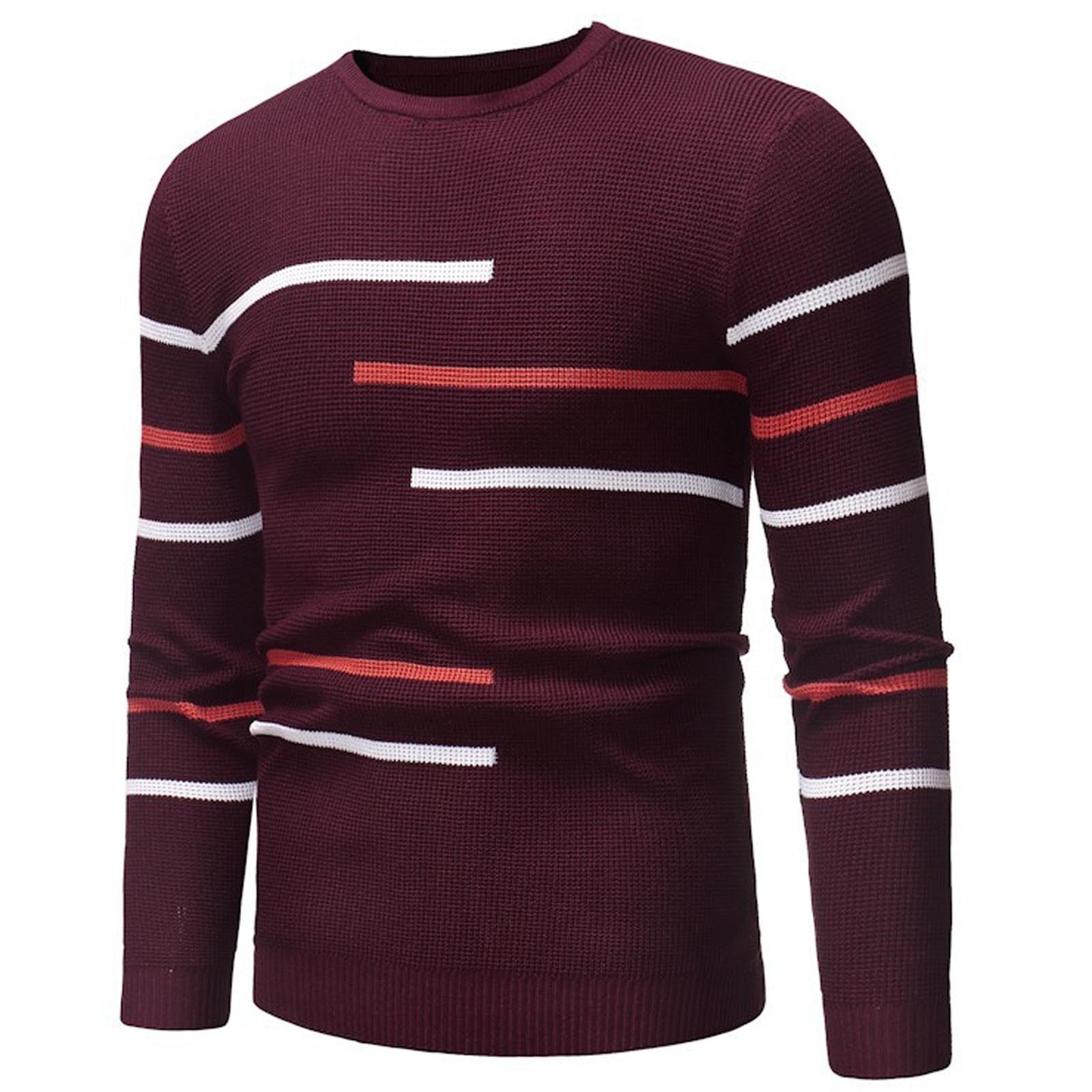 jsaierl Mens Sweater Knit Crew Neck Striped Print Top Long Sleeve Slim ...