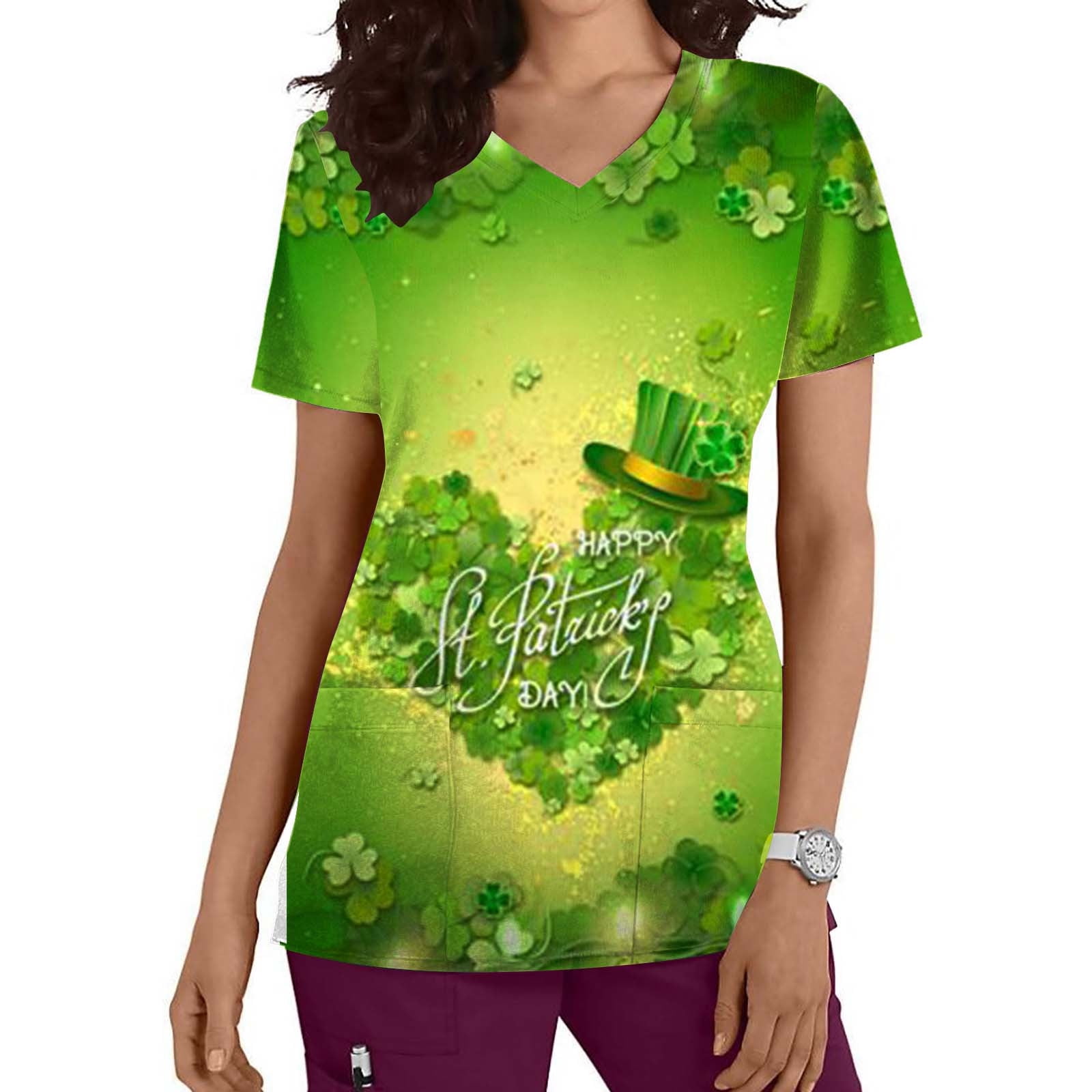 Jsaierl Nurse Scrub Tops For Women Happy St Patricks Day Scrub Tops