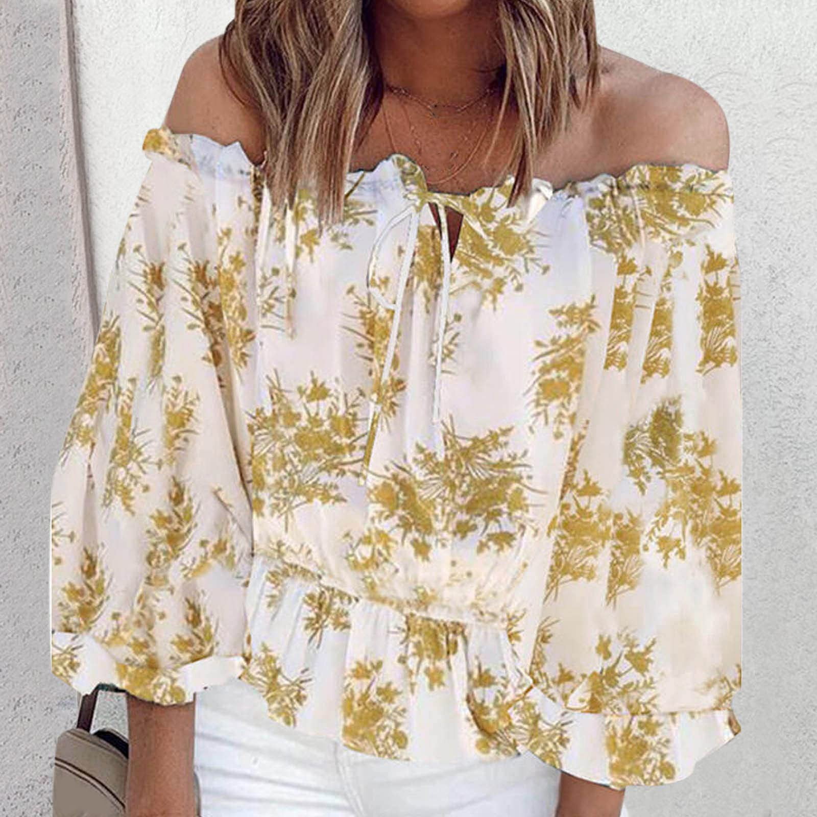 jsaierl Off the Shoulder Tops for Women Puff Sleeve Print Ruffle Blouse ...