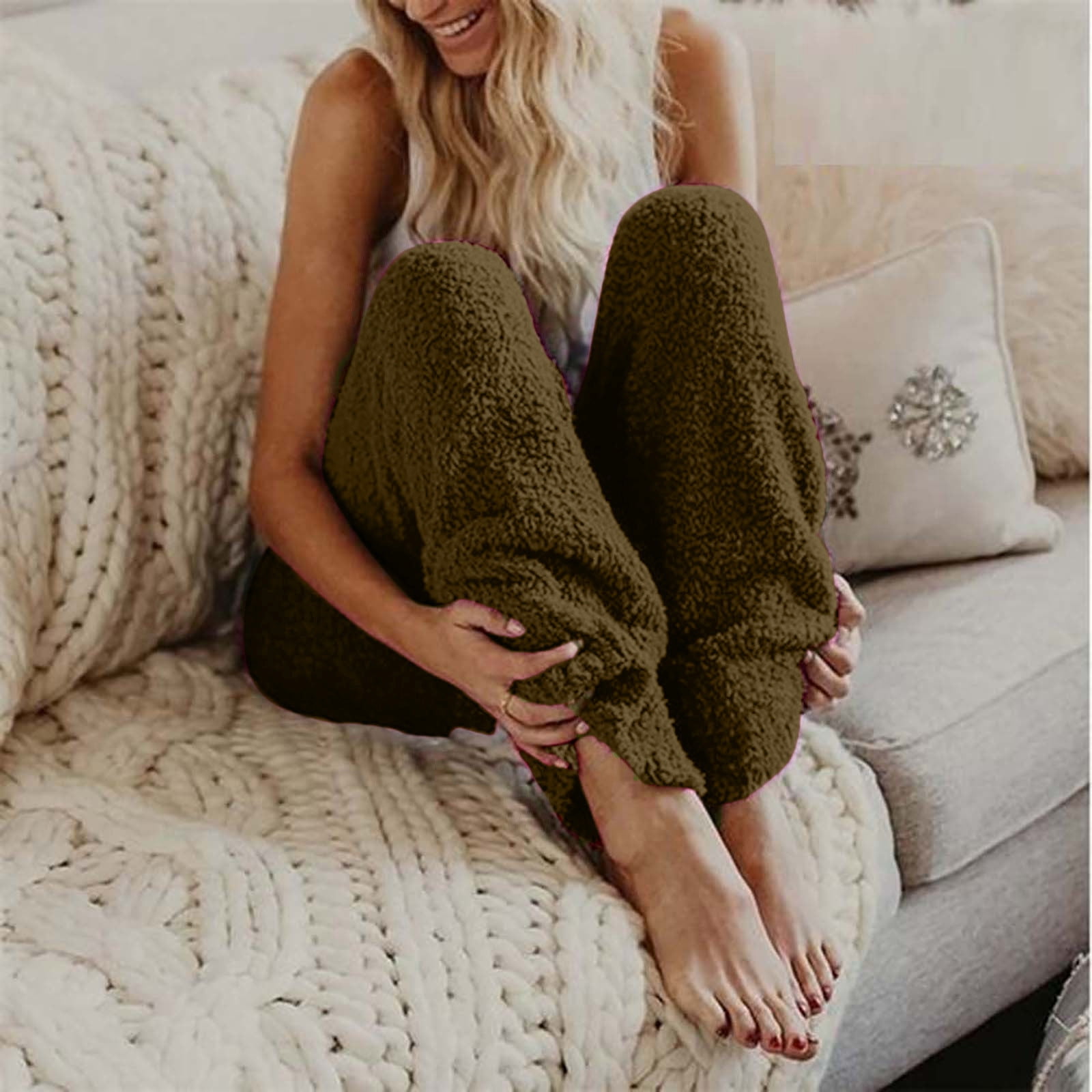 jsaierl Plush Pajama Pants for Women Cozy Fuzzy Elastic Waist Cuff ...