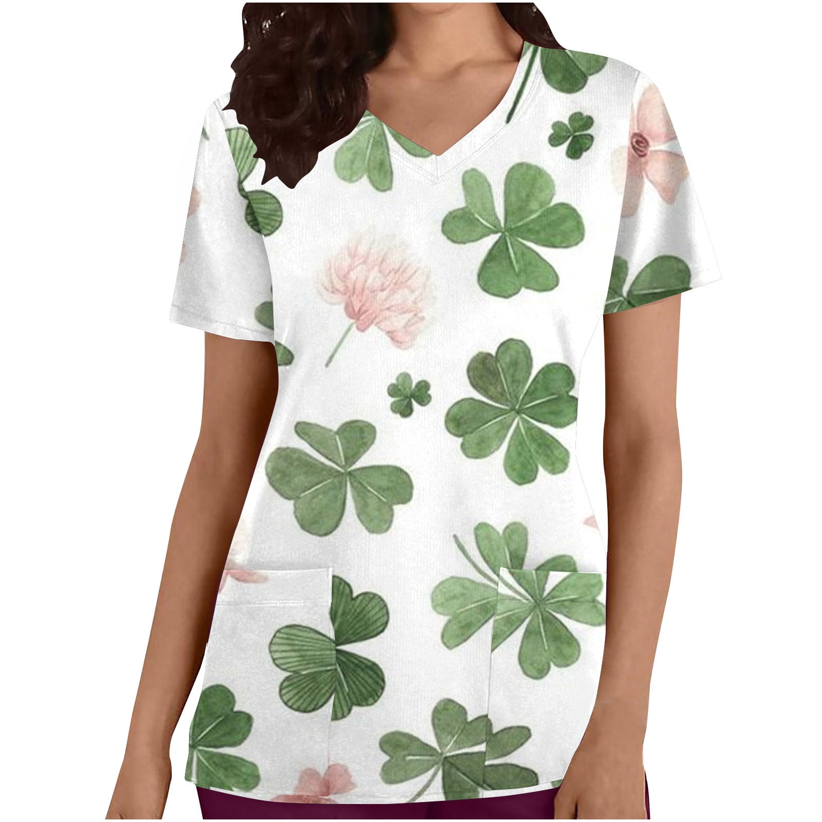 Jsaierl Scrub Tops For Women Happy St Patricks Day Scrub Tops Women 2024 Cute Shamrock Pattern