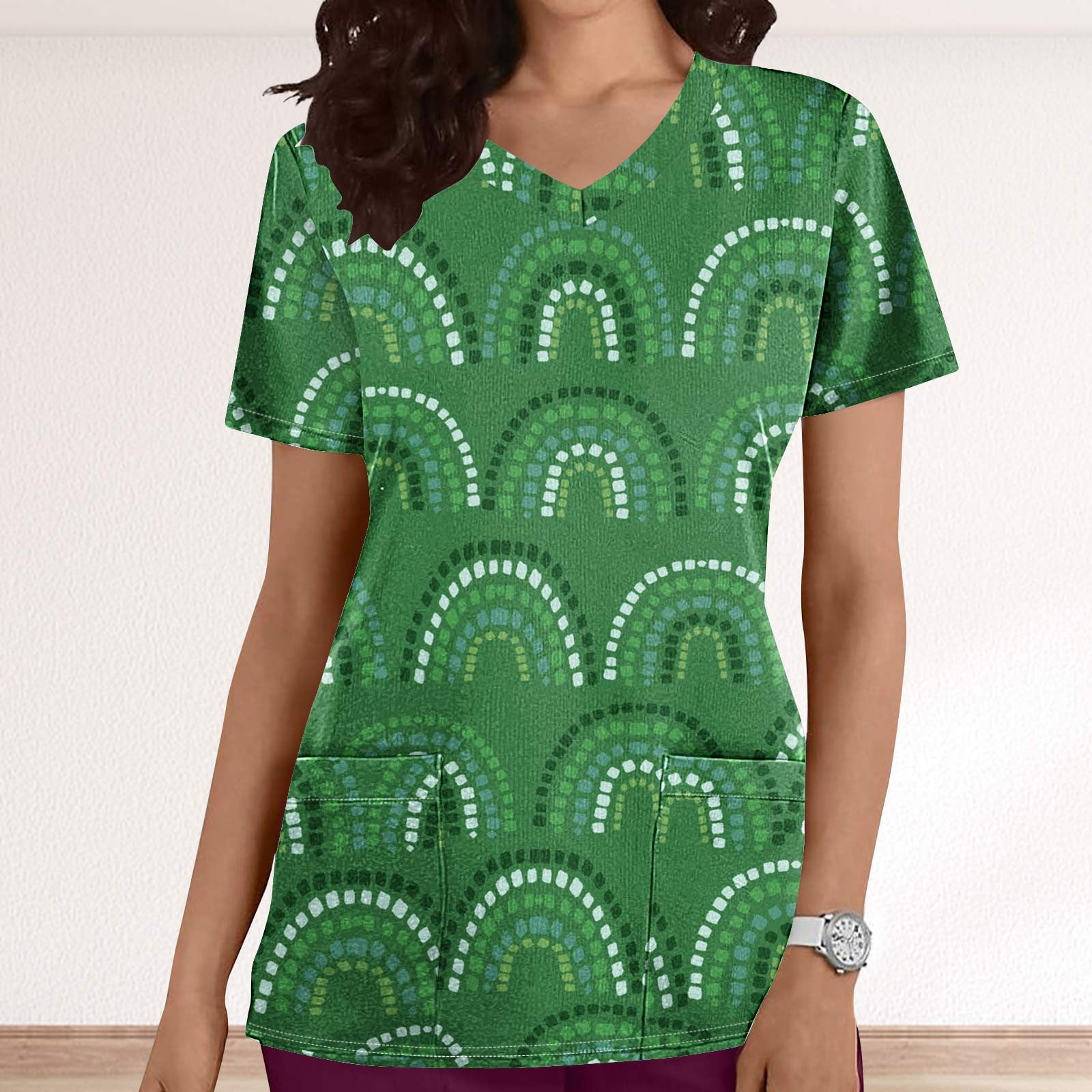Jsaierl Scrubs For Women St Patricks Day Scrub Tops Women Lucky Four Leaf Clover Pattern