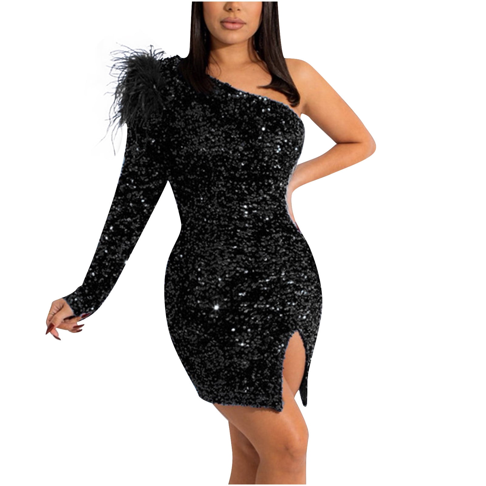 jsaierl Sequin Dress for Women One Shoulder Long Sleeve Bodycon Mini ...