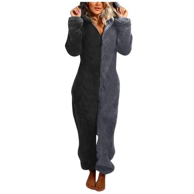 Jsaierl Sherpa Jumpsuit Fleece Onesie Fuzzy Pajama Zipper Plush Hooded