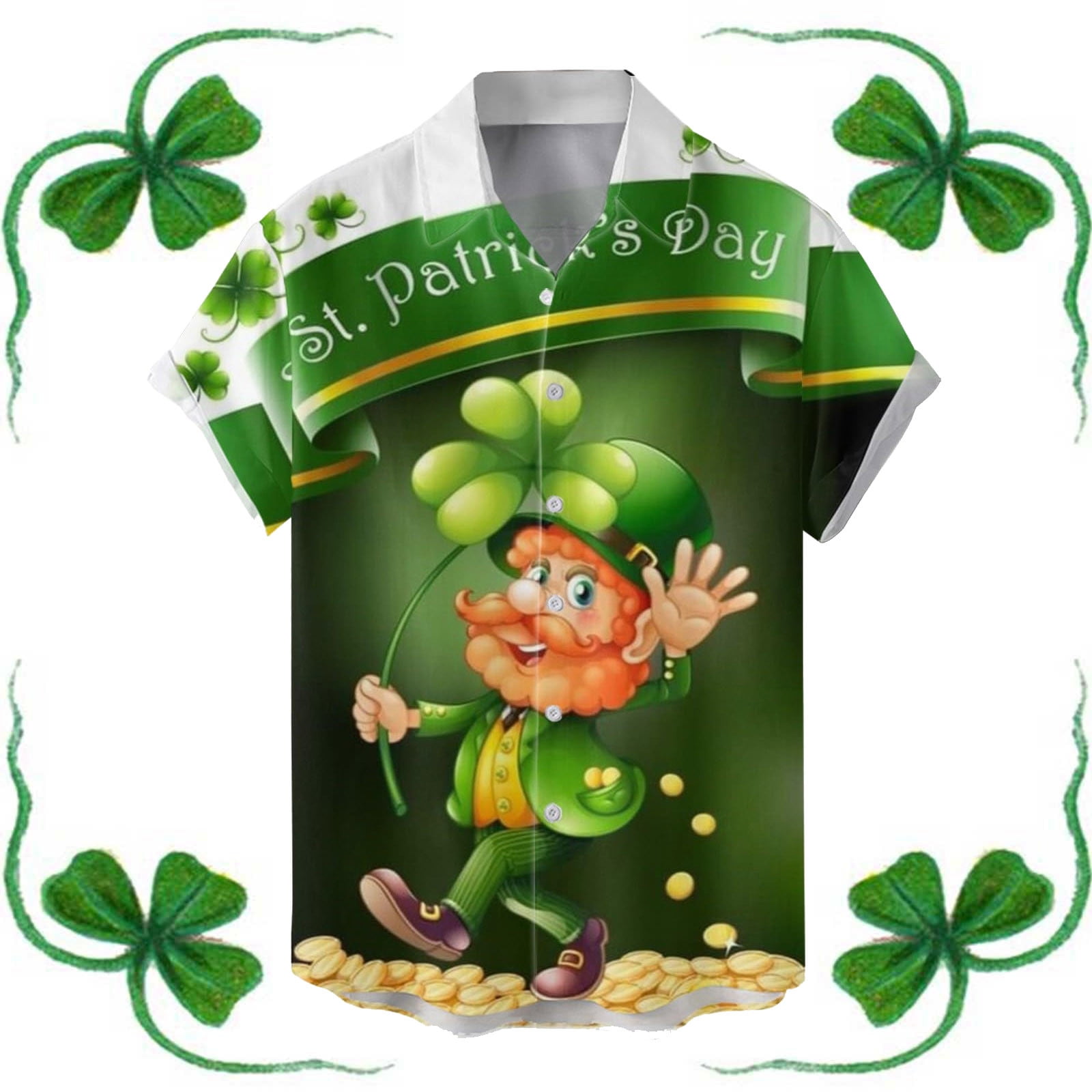 Jsaierl St Patricks Day Hawaiian Shirts For Men Lucky Four Leaf Clover