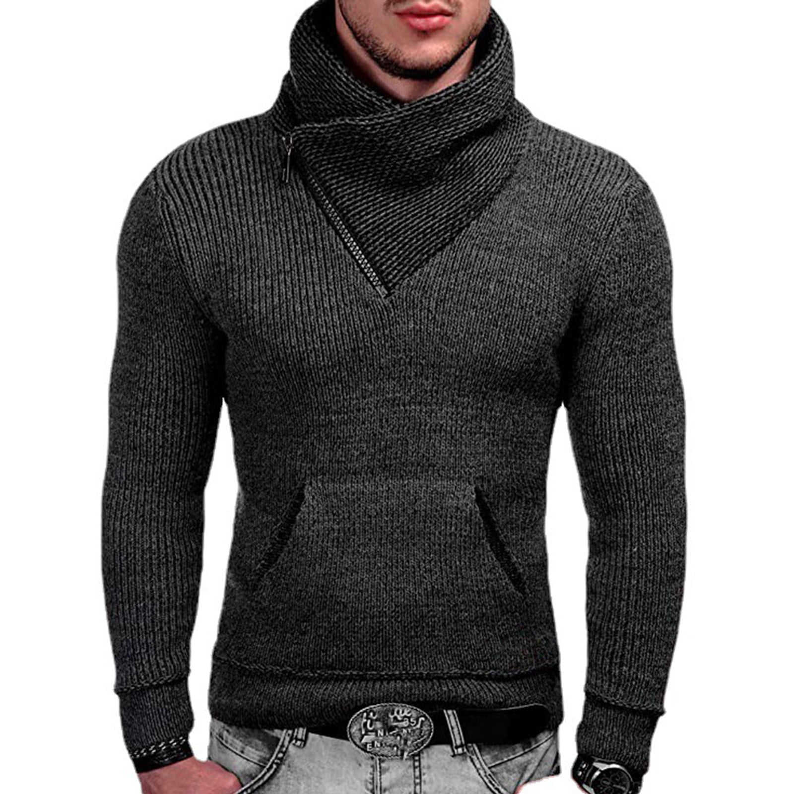 jsaierl Sweaters for Men Knit Shawl Collar Pocket Top Long Sleeve Slim ...