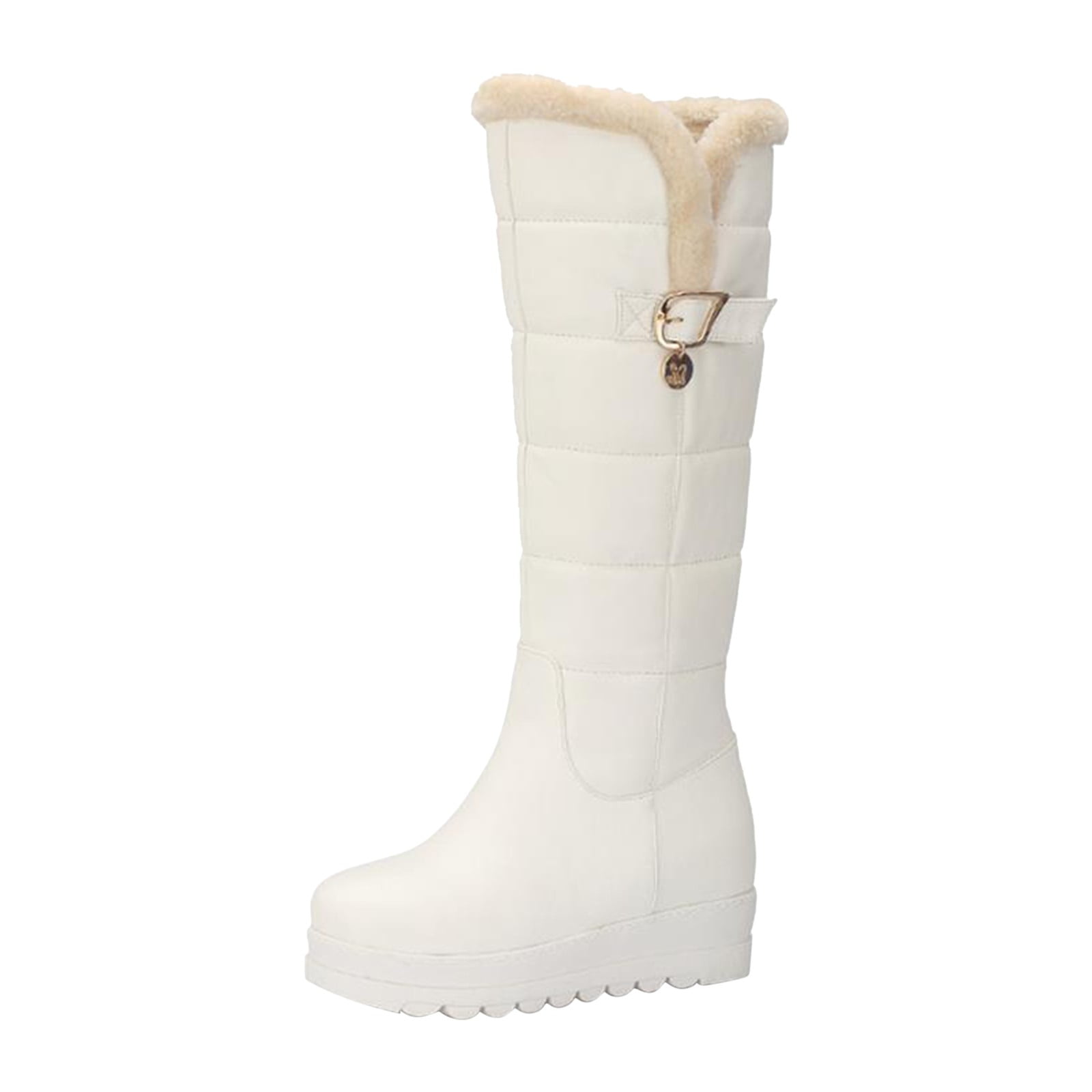 jsaierl Women Boots Belt Buckle Thick Fleece Slip-on Platform Mid-heels ...