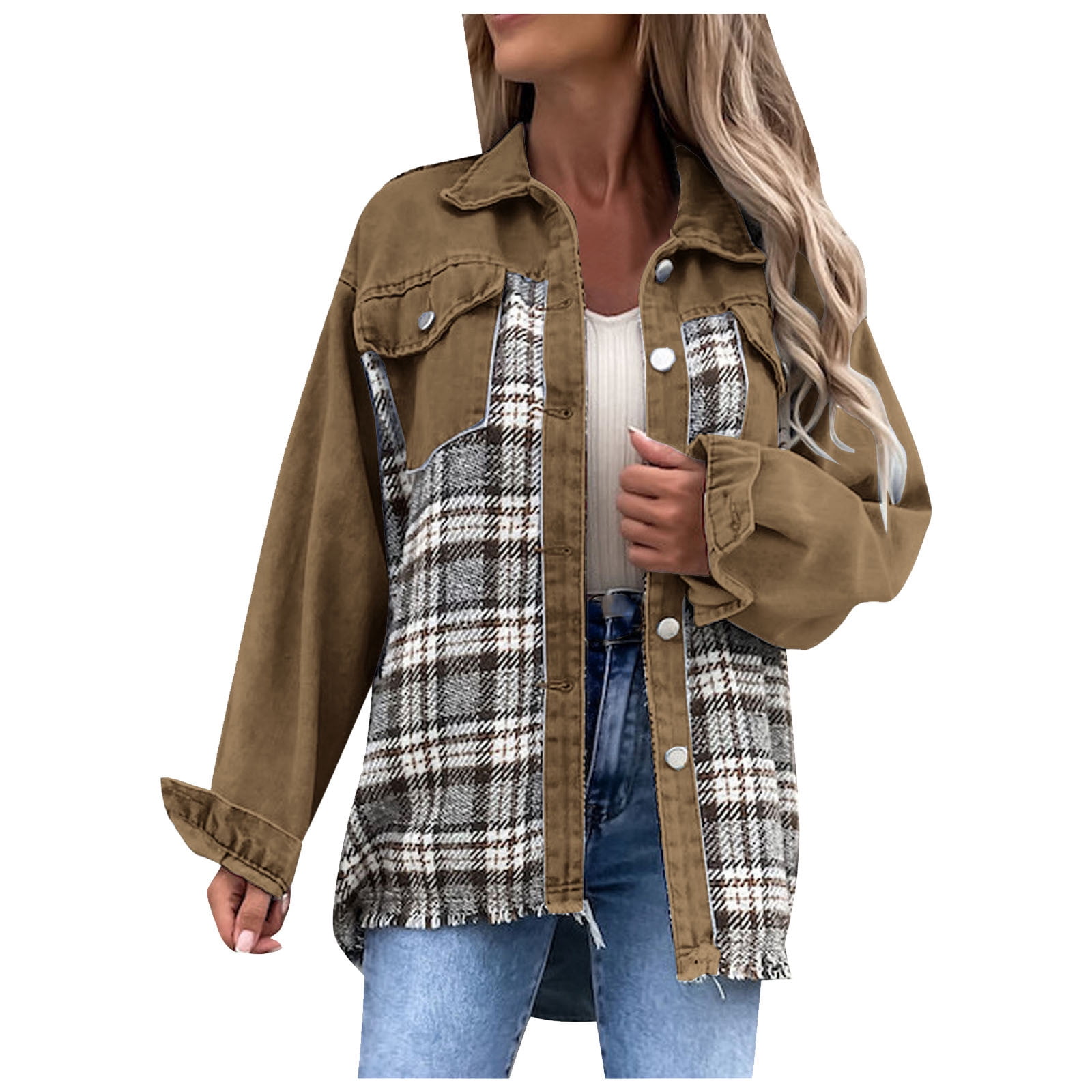 jsaierl Women Jean Jacket Long Sleeve Button Down Plaid Oversized Denim ...