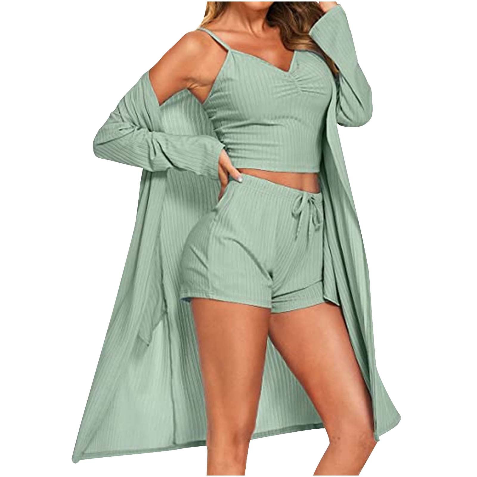 jsaierl Women's 3 Piece Lounge Set Pajama Set Cami Crop Top Shorts ...