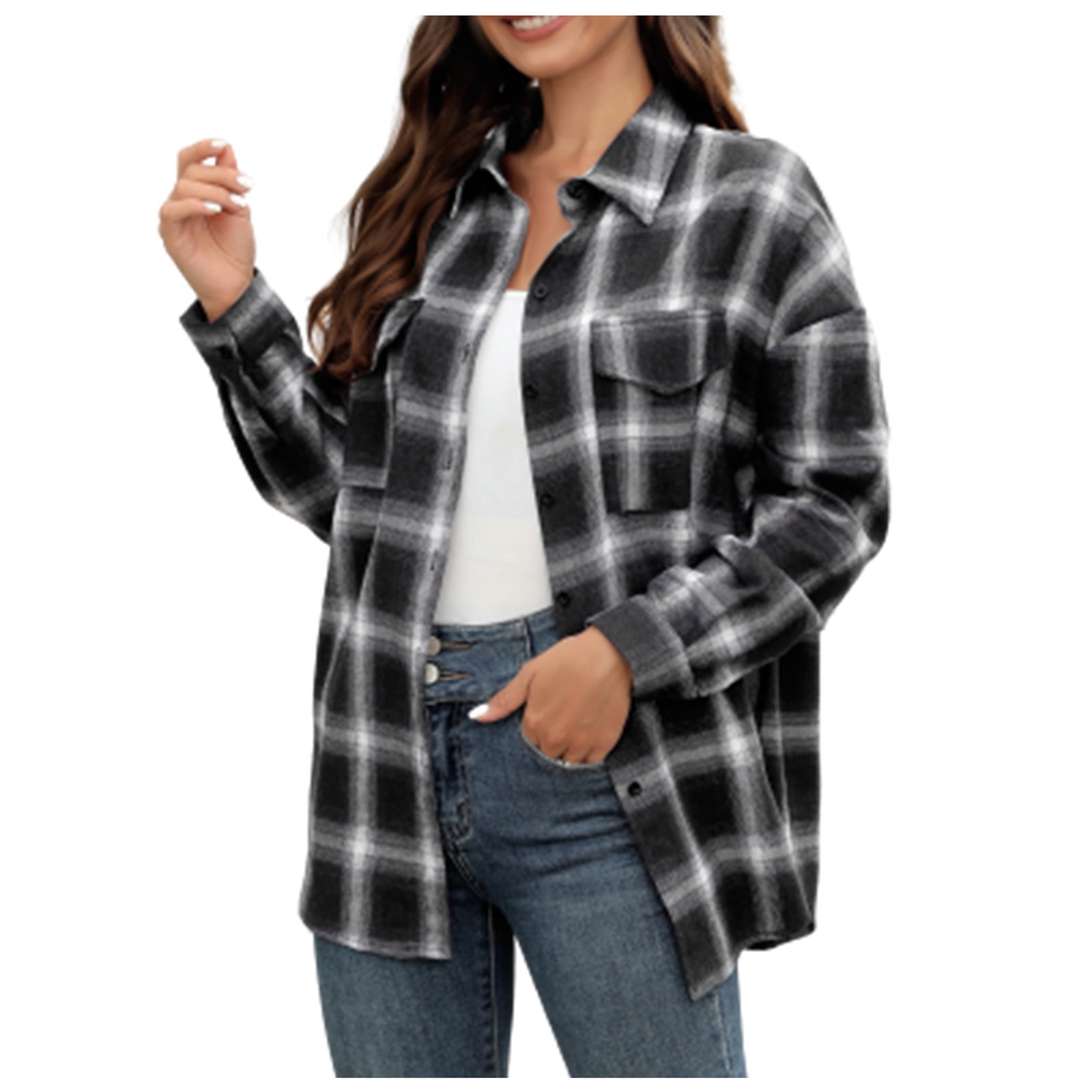 jsaierl Women's Button Down Flannel Shirts Plaid Shacket Long Sleeve ...