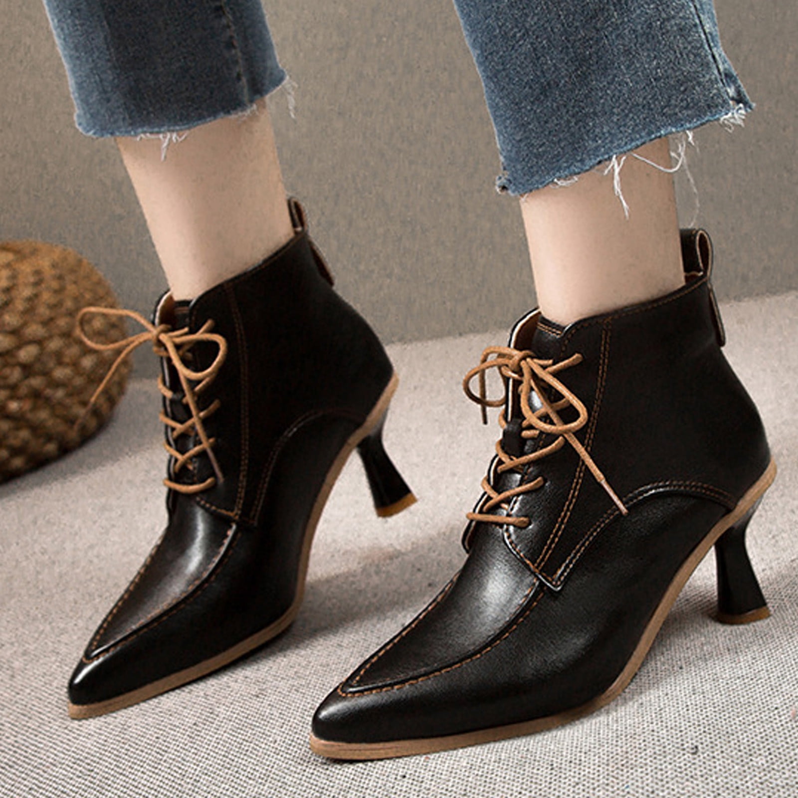 jsaierl Women's Fashion Stiletto Heel Ankle Boots Pointy Toe Lace Up ...