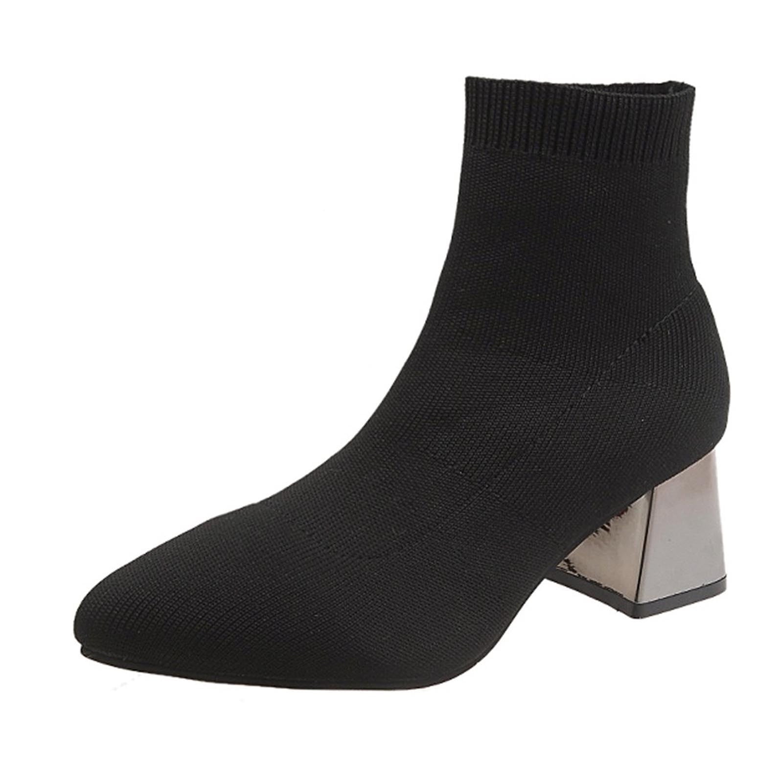 jsaierl Women's Knit Chunky Heel Sock Boots Pointed Toe Ankle Booties ...