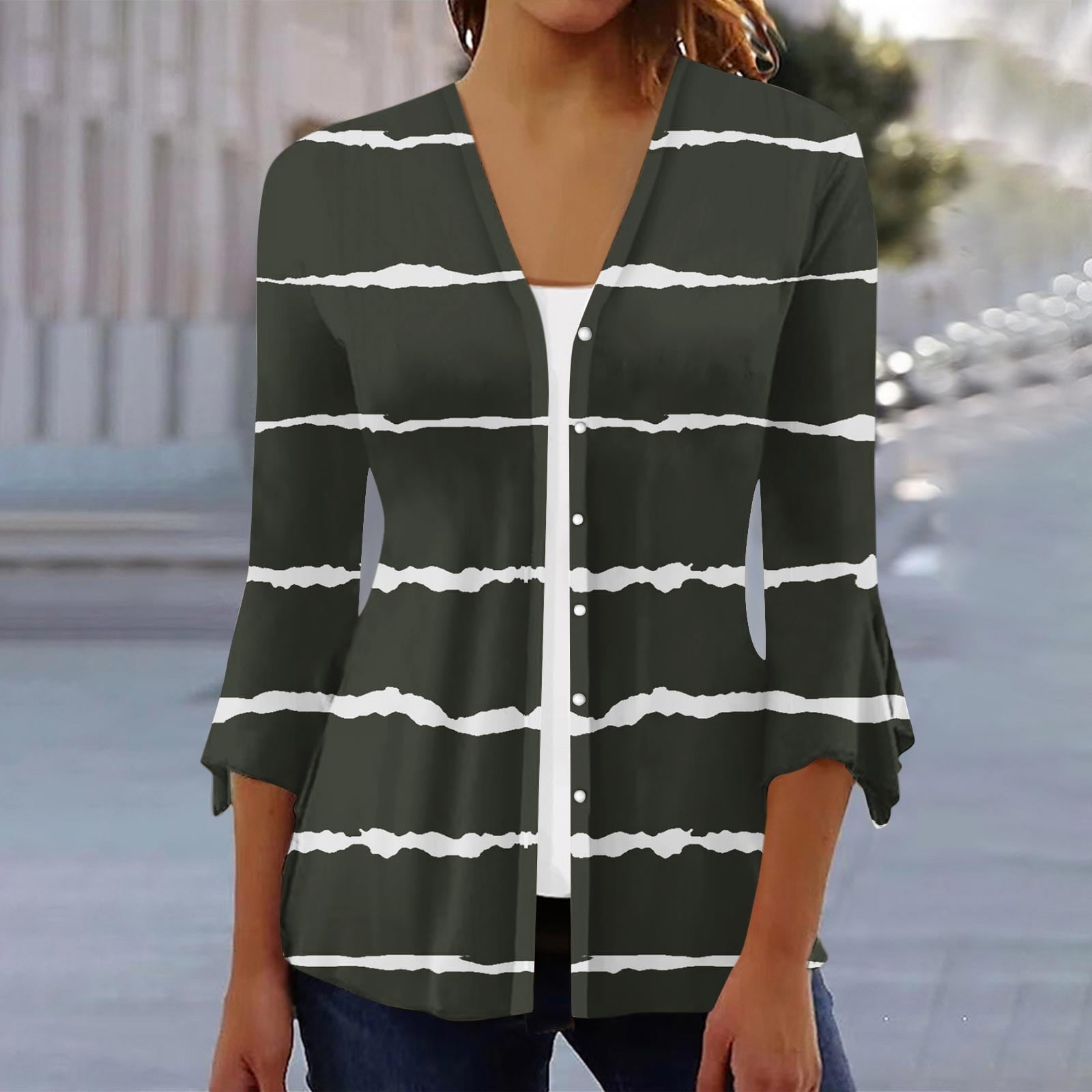 jsaierl Women's Lightweight Open Front Cardigans 3/4 Sleeve Striped ...