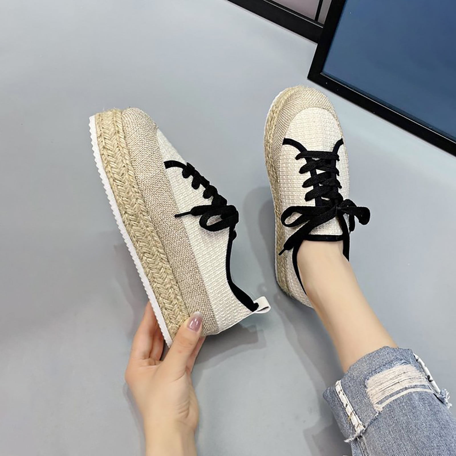 jsaierl Women's Linen Sneakers Lace up Fashion Canvas Sneakers for ...