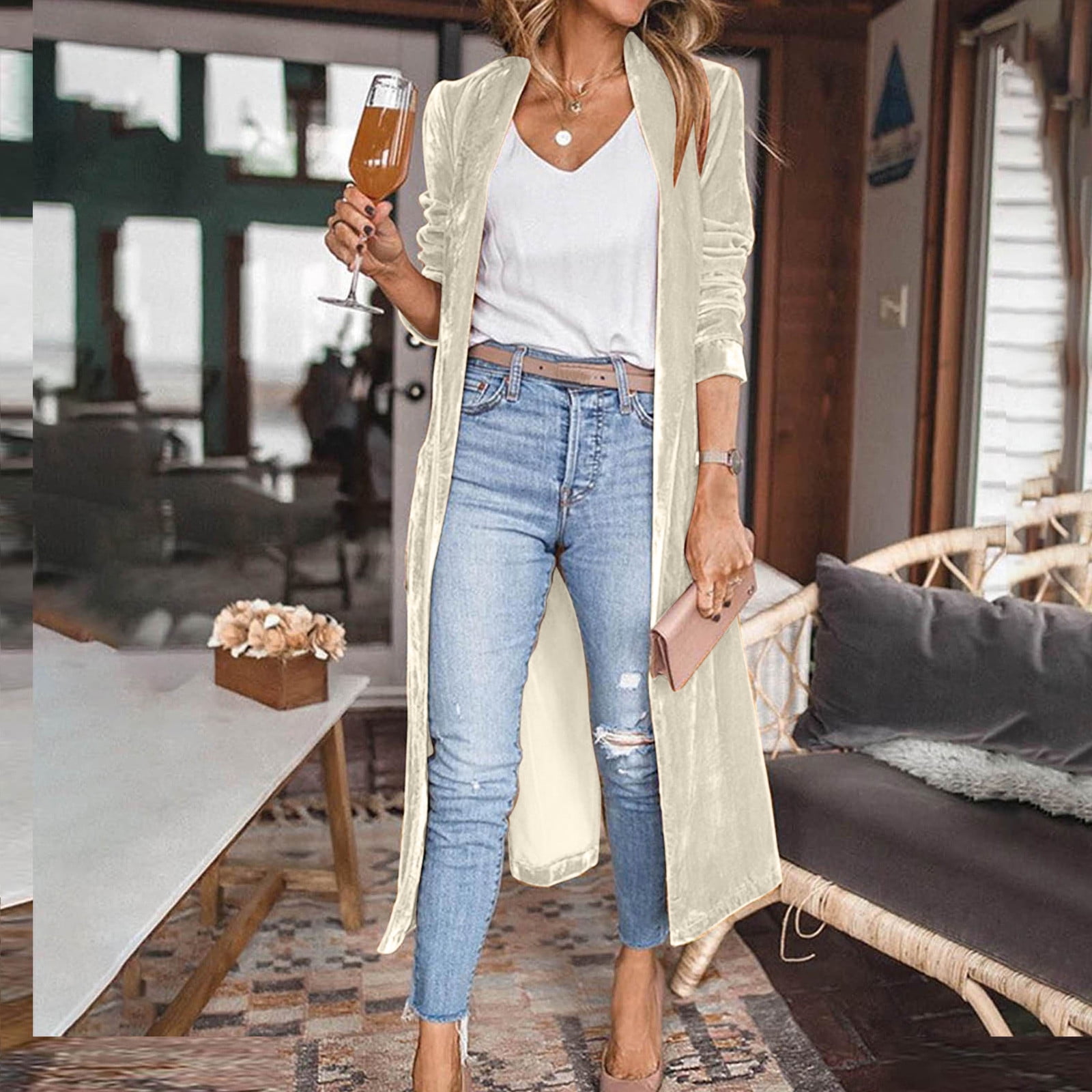 jsaierl Women's Long Velvet Cardigan Jacket Lapel Collar Open Front ...