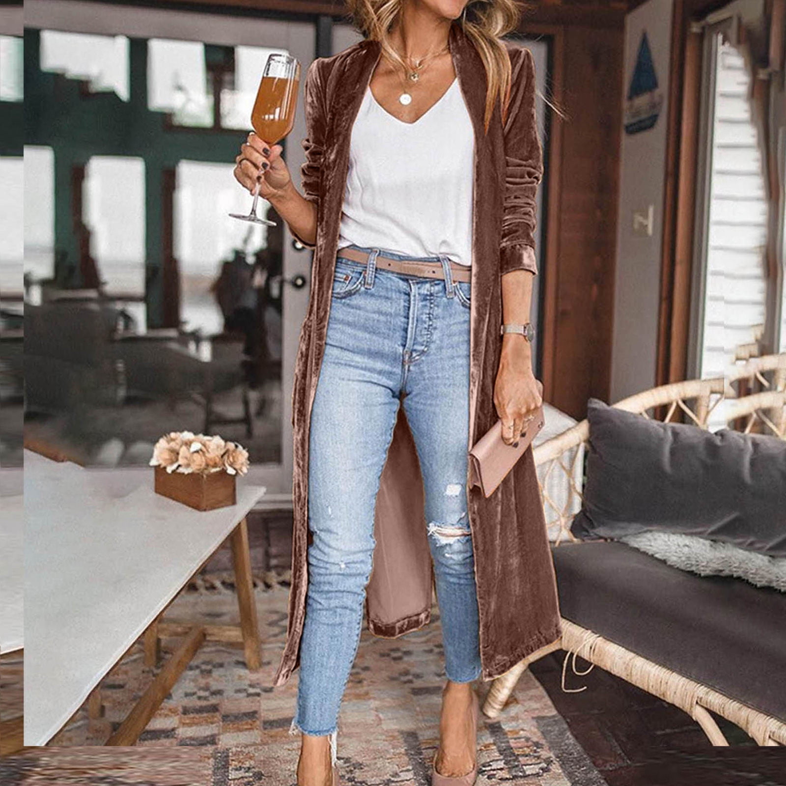 jsaierl Women's Long Velvet Cardigan Jacket Lapel Collar Open Front ...