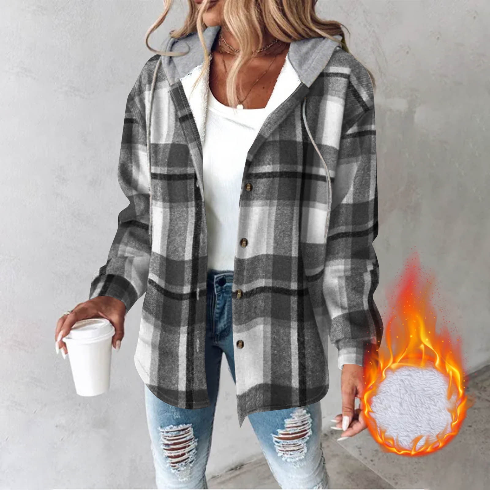 jsaierl Women's Plaid Flannel Shirts Hoodie Long Sleeve Oversized Shirt ...