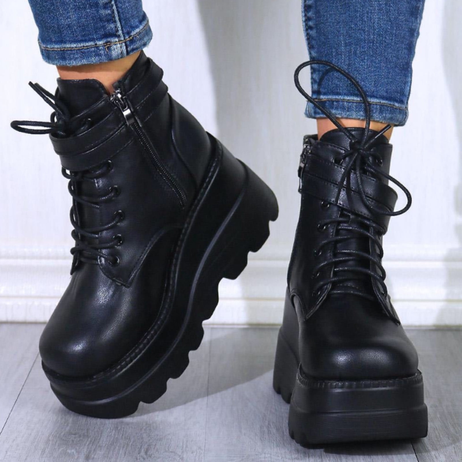 jsaierl Women's Platform Combat Boots Fashion Lace Leather Chunky Pump ...