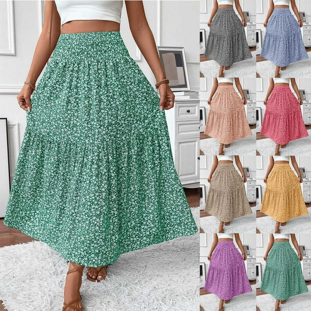 Jsaierl Women's Summer Boho Print A-line Maxi Skirts High Waist Pleated ...