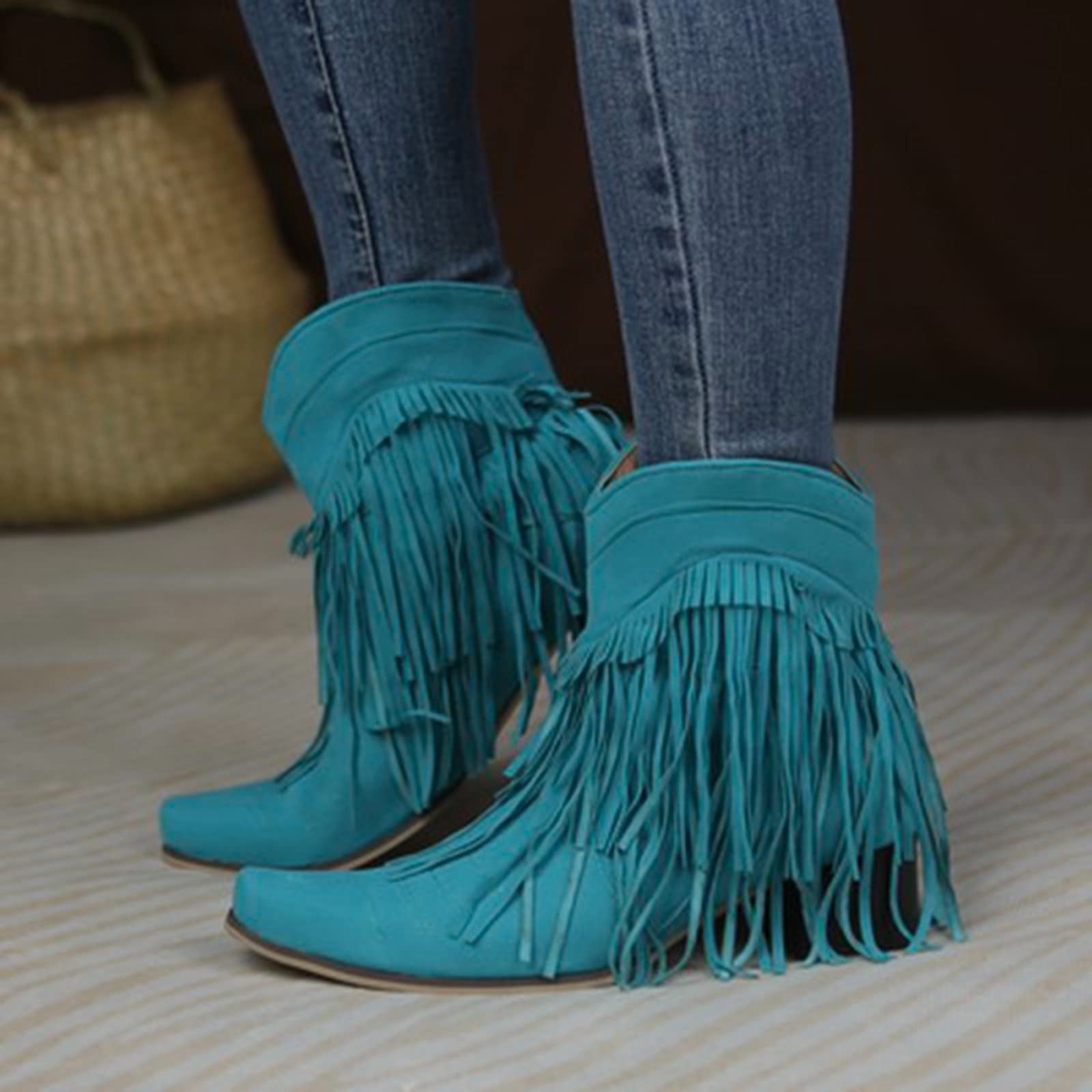 jsaierl Women's Vintage Tassels Up Short Boots Midheel Boots Shoes ...