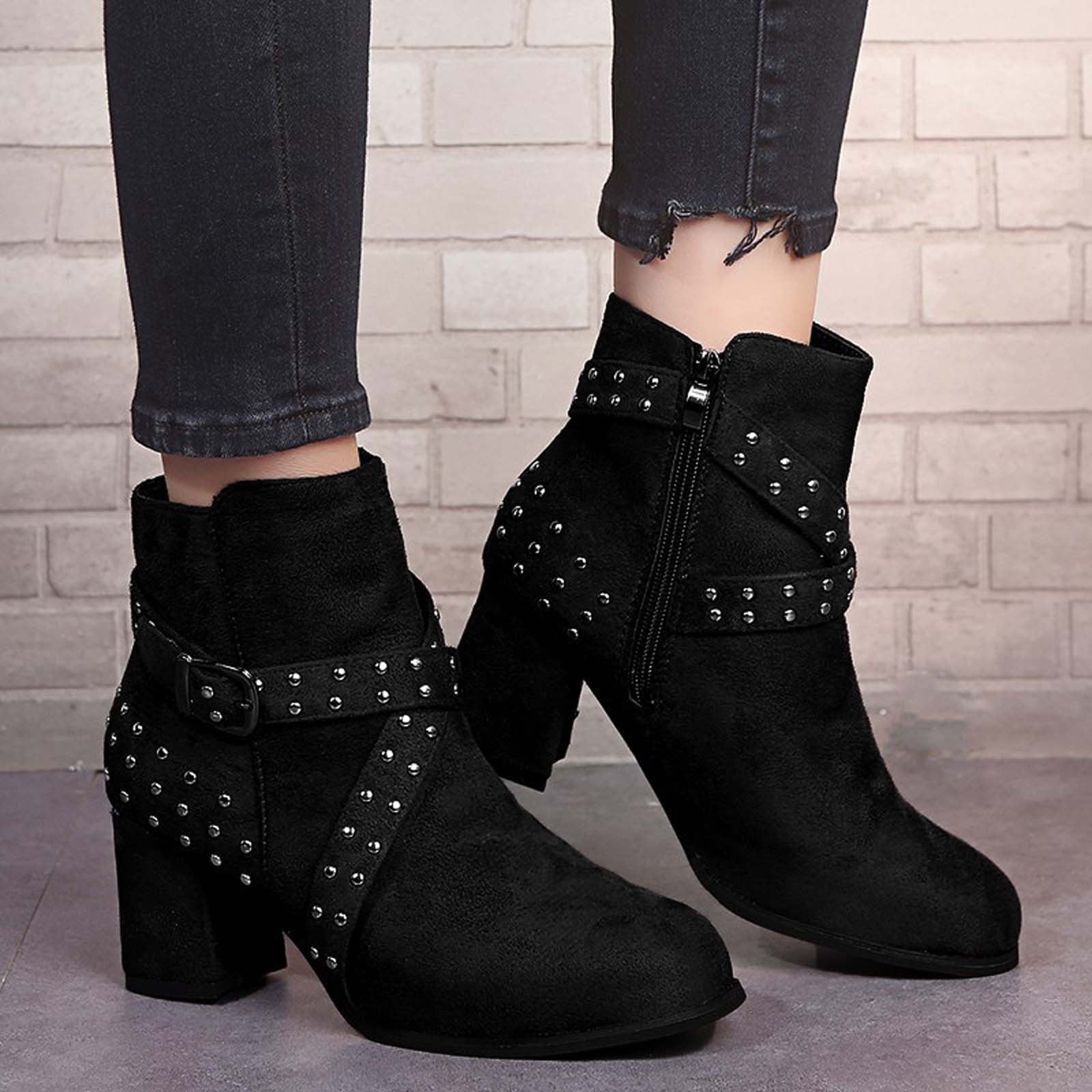 jsaierl Women's Winter Boots Chunky Heel Mid Heel Slouchy Metal Buckle ...