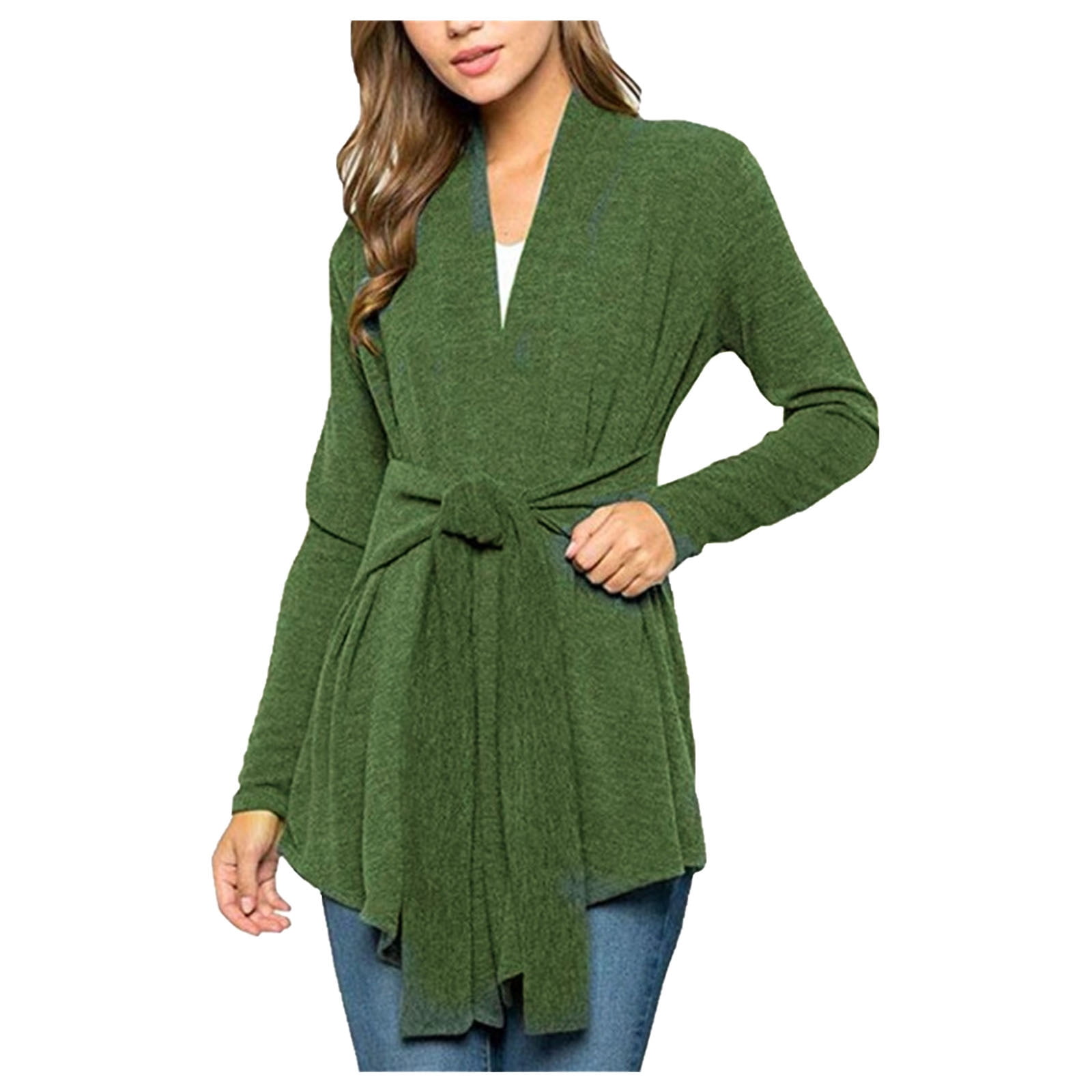 jsaierl Women's Wrap Tie Waist Cardigans Sweater Deep V Neck Long ...