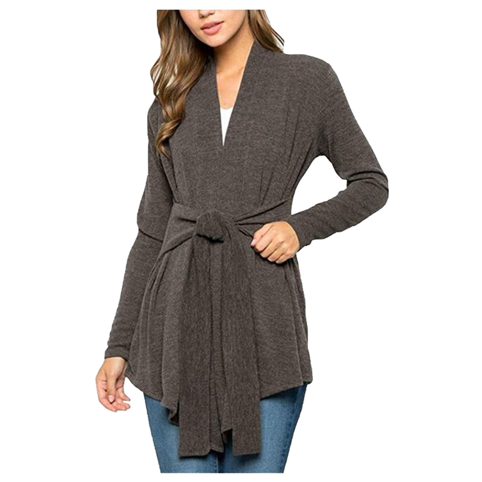 jsaierl Women's Wrap Tie Waist Cardigans Sweater Deep V Neck Long ...